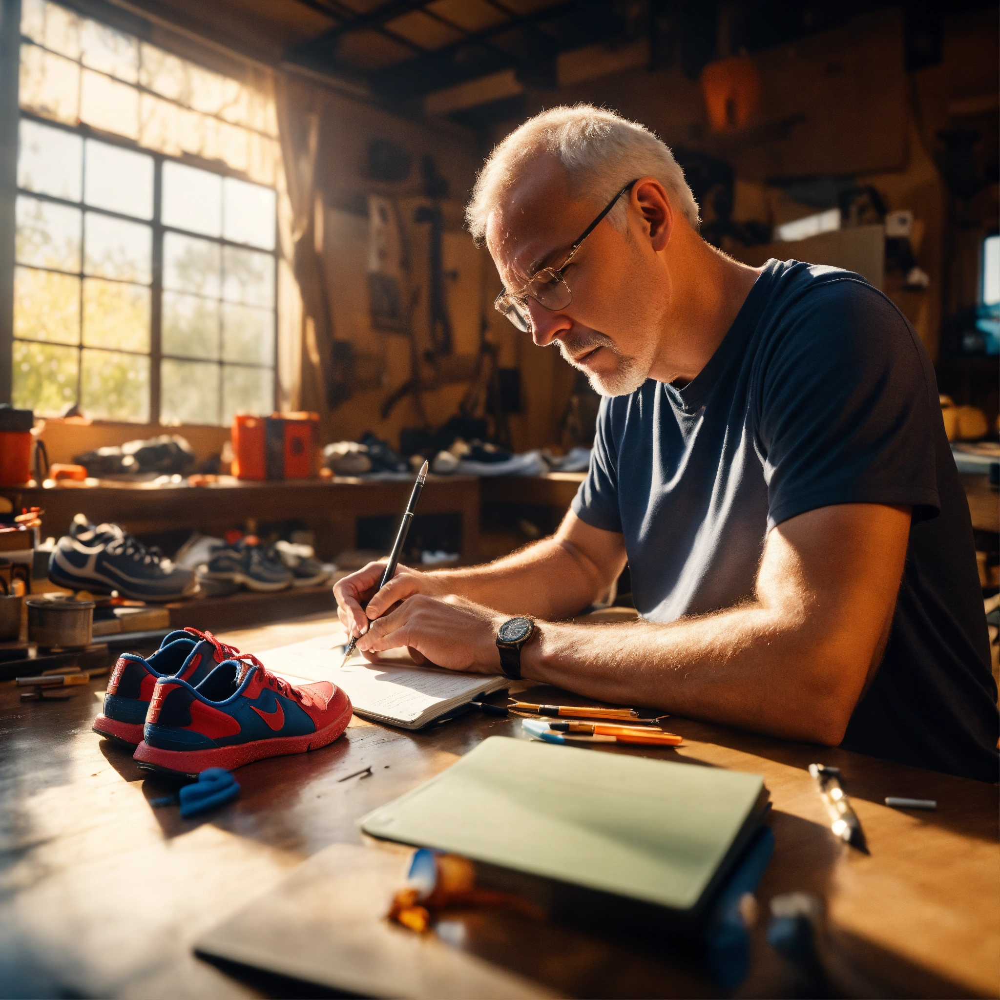 Lexica - 8k HDR photo Phil Knight writing a paper and studying sneakers ...