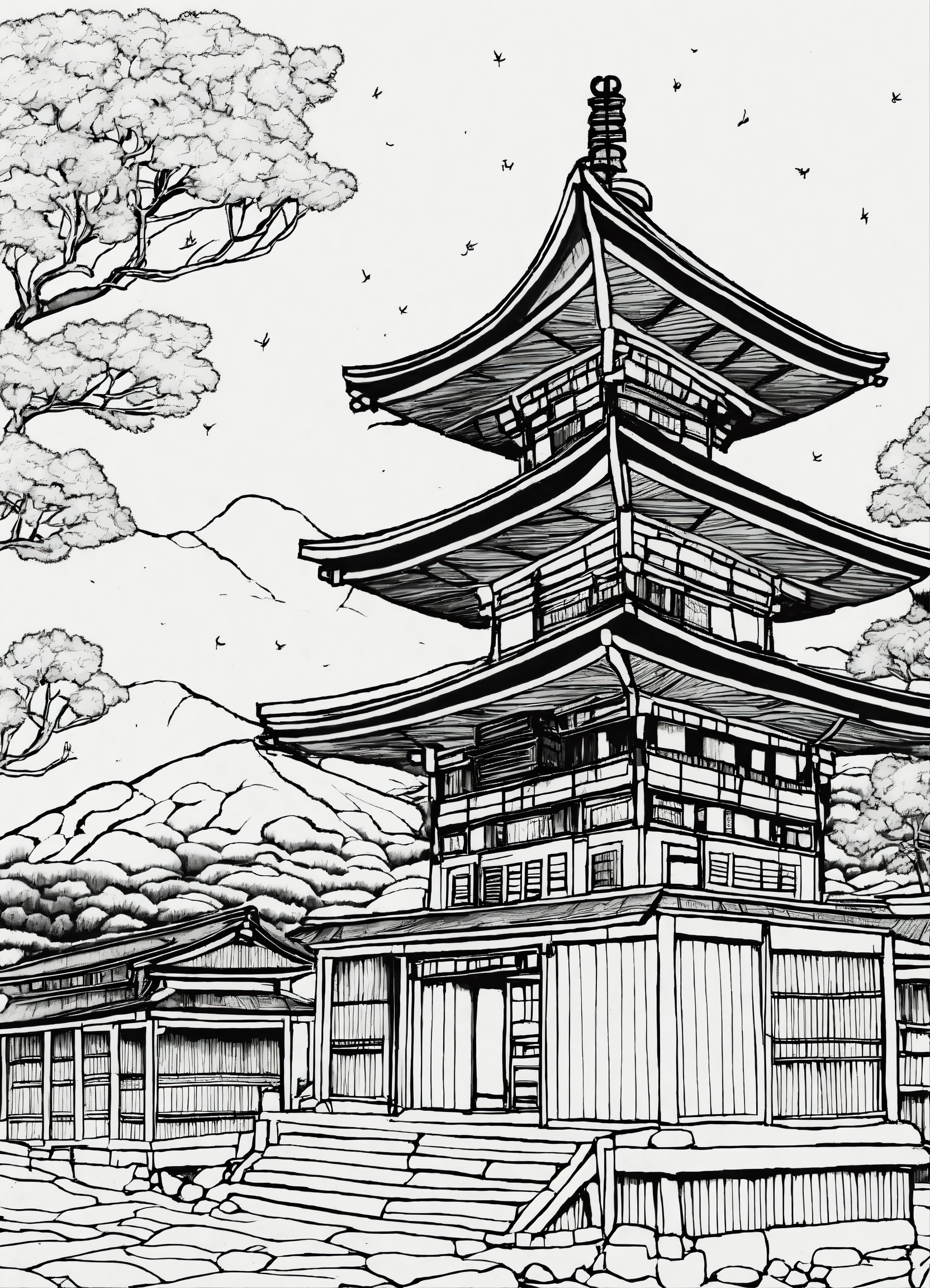 Lexica - A black and white line art drawing of santuario Fushimi Inari ...