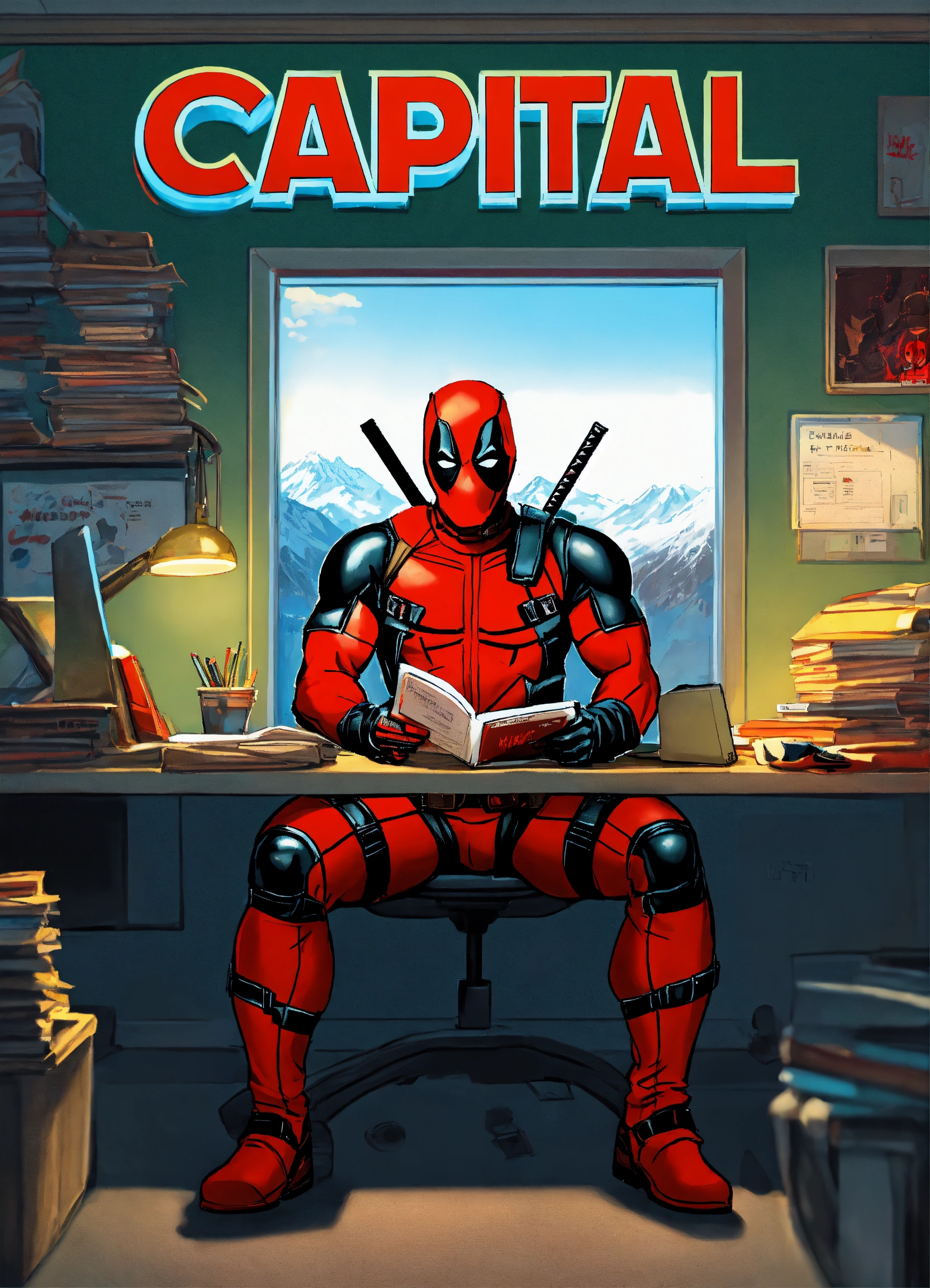 Lexica - The picture is entitled "CAPITAL". Deadpool is reading a red ...