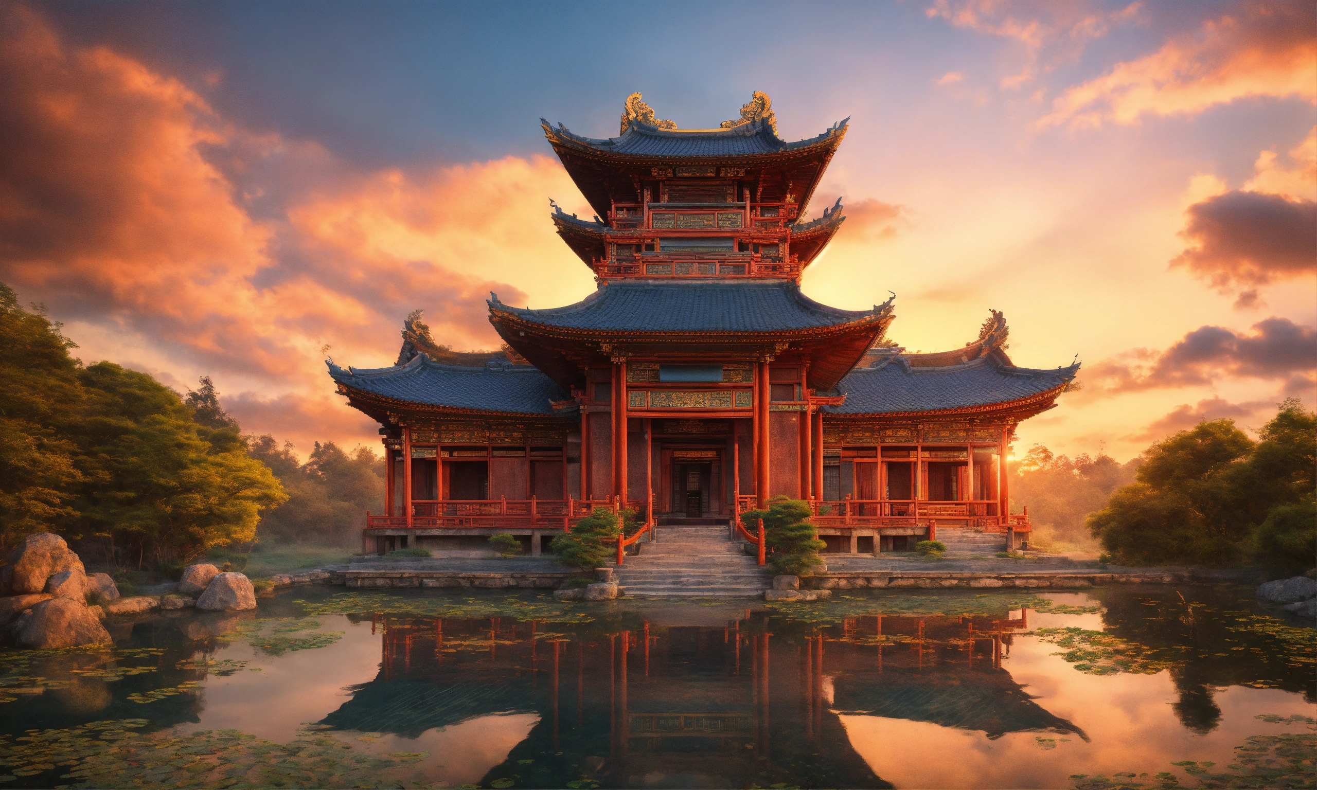 Lexica - Ancient asian temple by a pond , symmetrical, lots of clouds ...