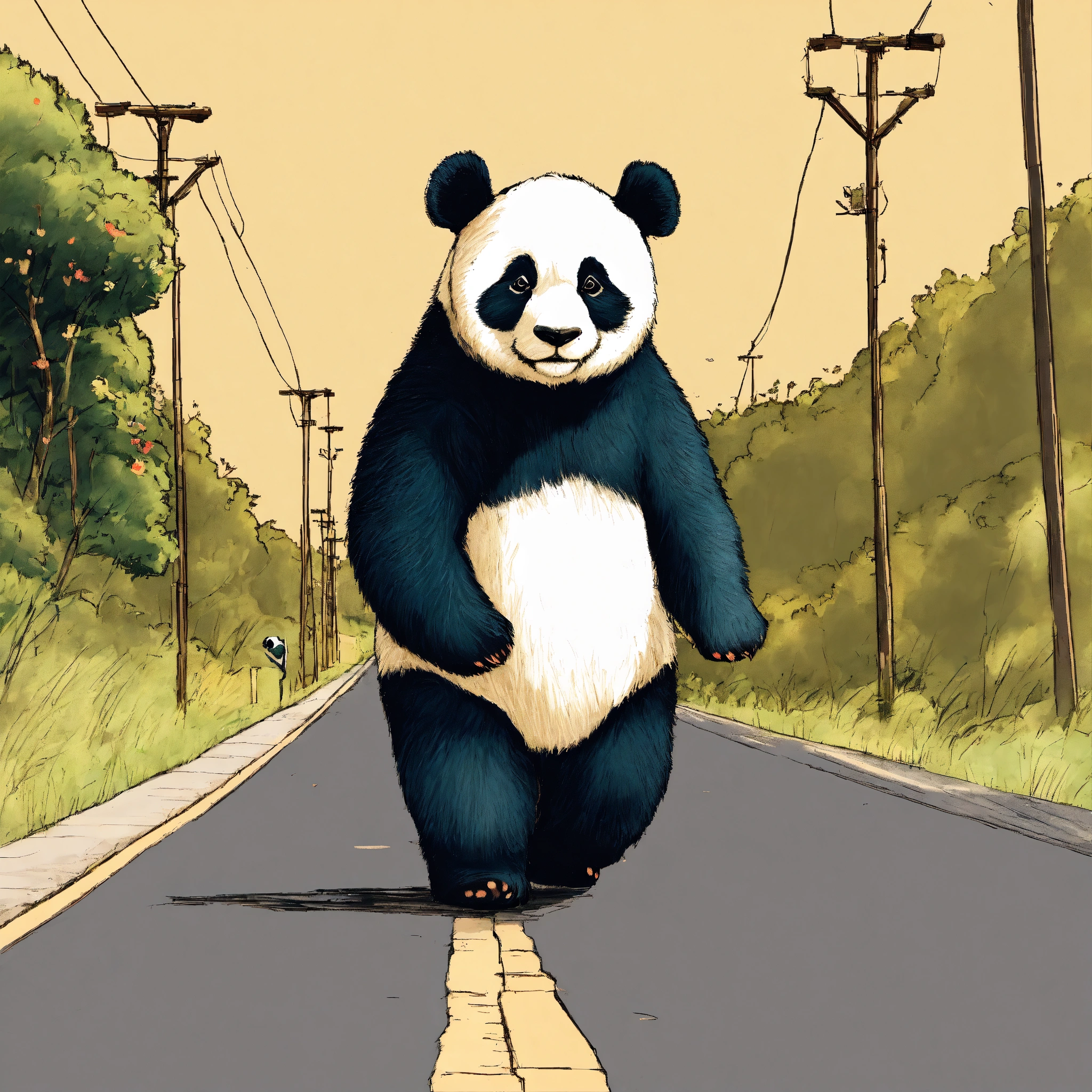 Lexica - Drawing of a panda, who is in love and is walking backwards in ...