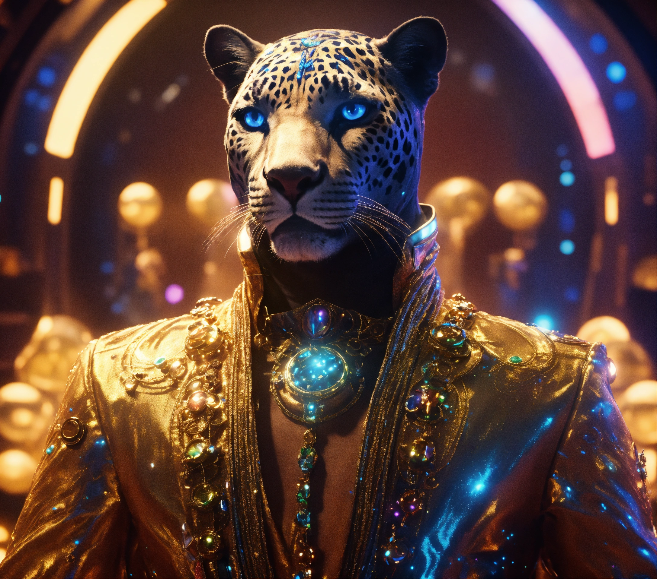 Lexica - Zoom out from a male panther faced humanoid wearing a fancy ...