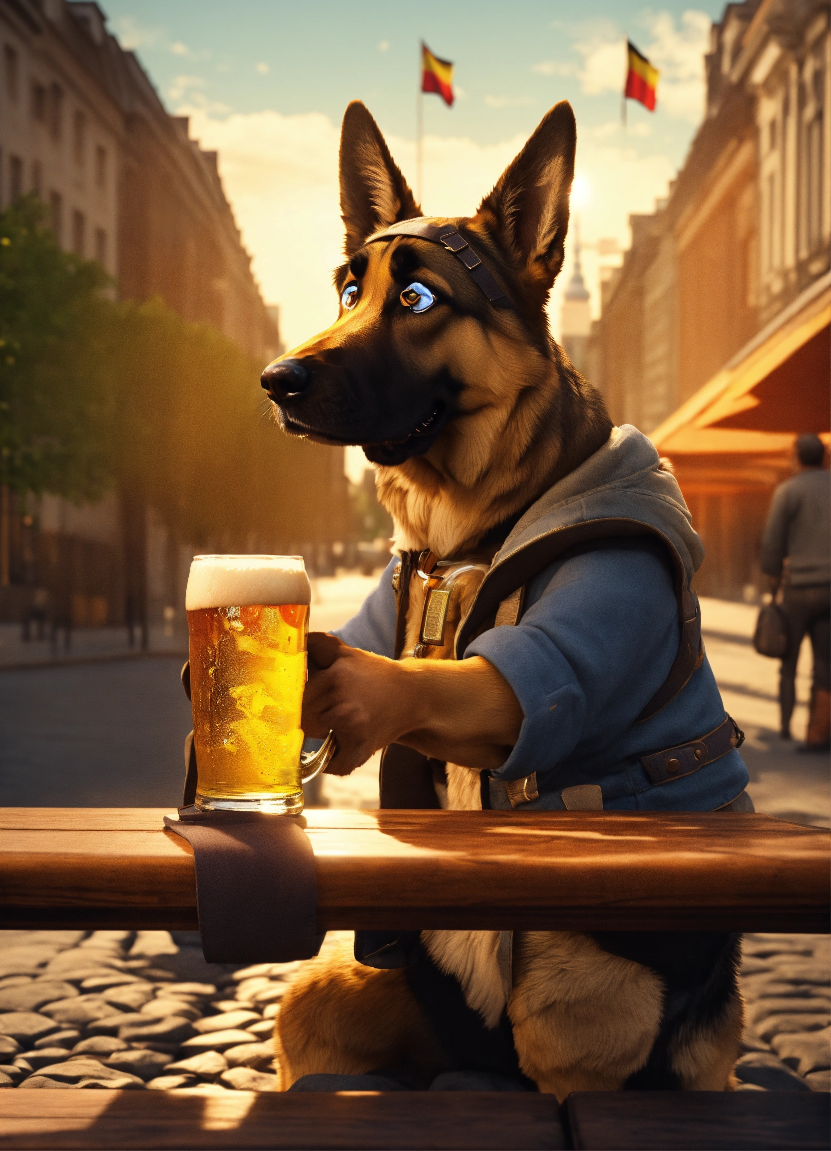 Lexica - German Shepherd drink beer with a man in berlin city, charming ...