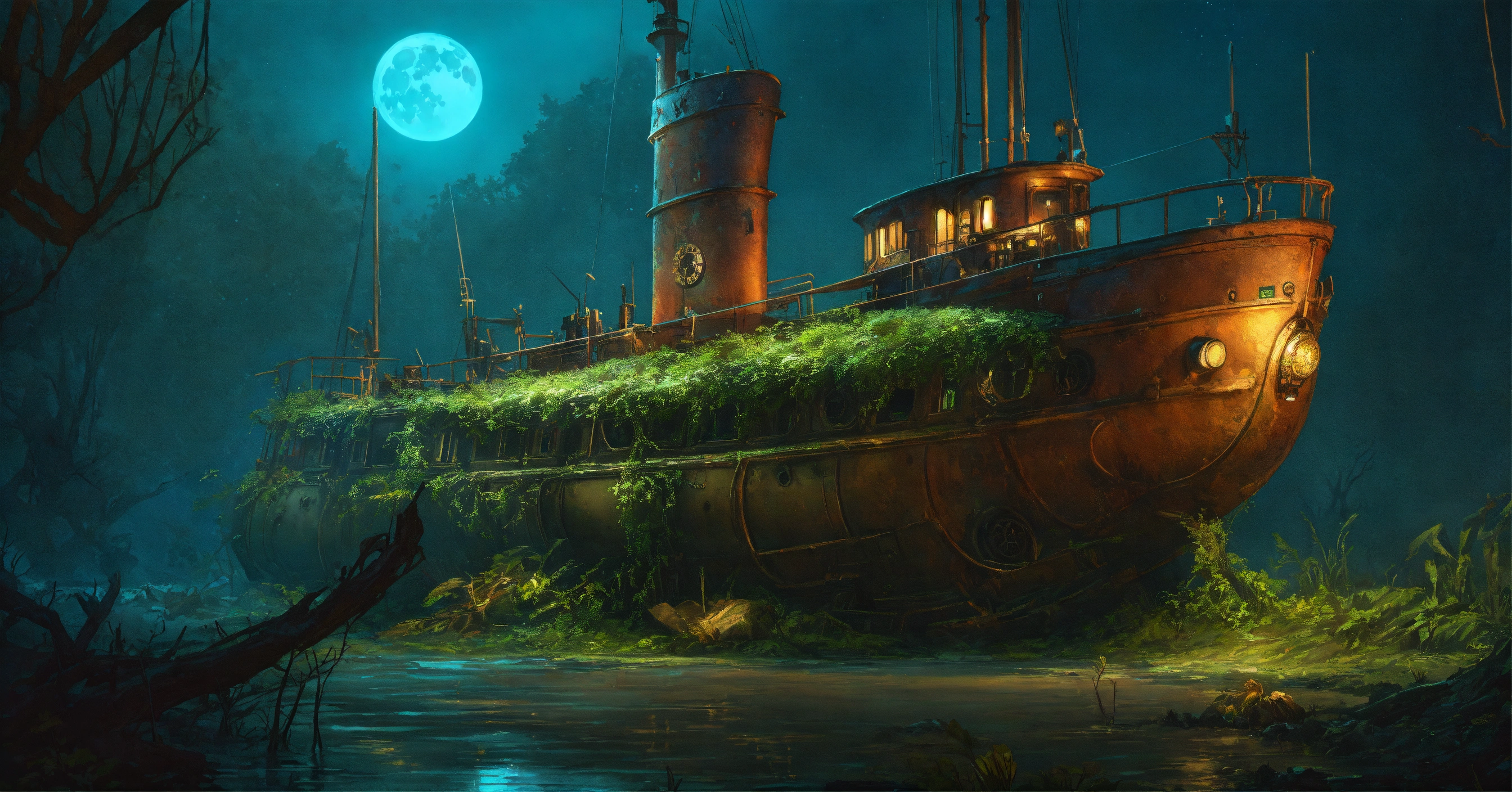Lexica - Beached overgrown steampunk submarine tilted rusty shipwreck ...