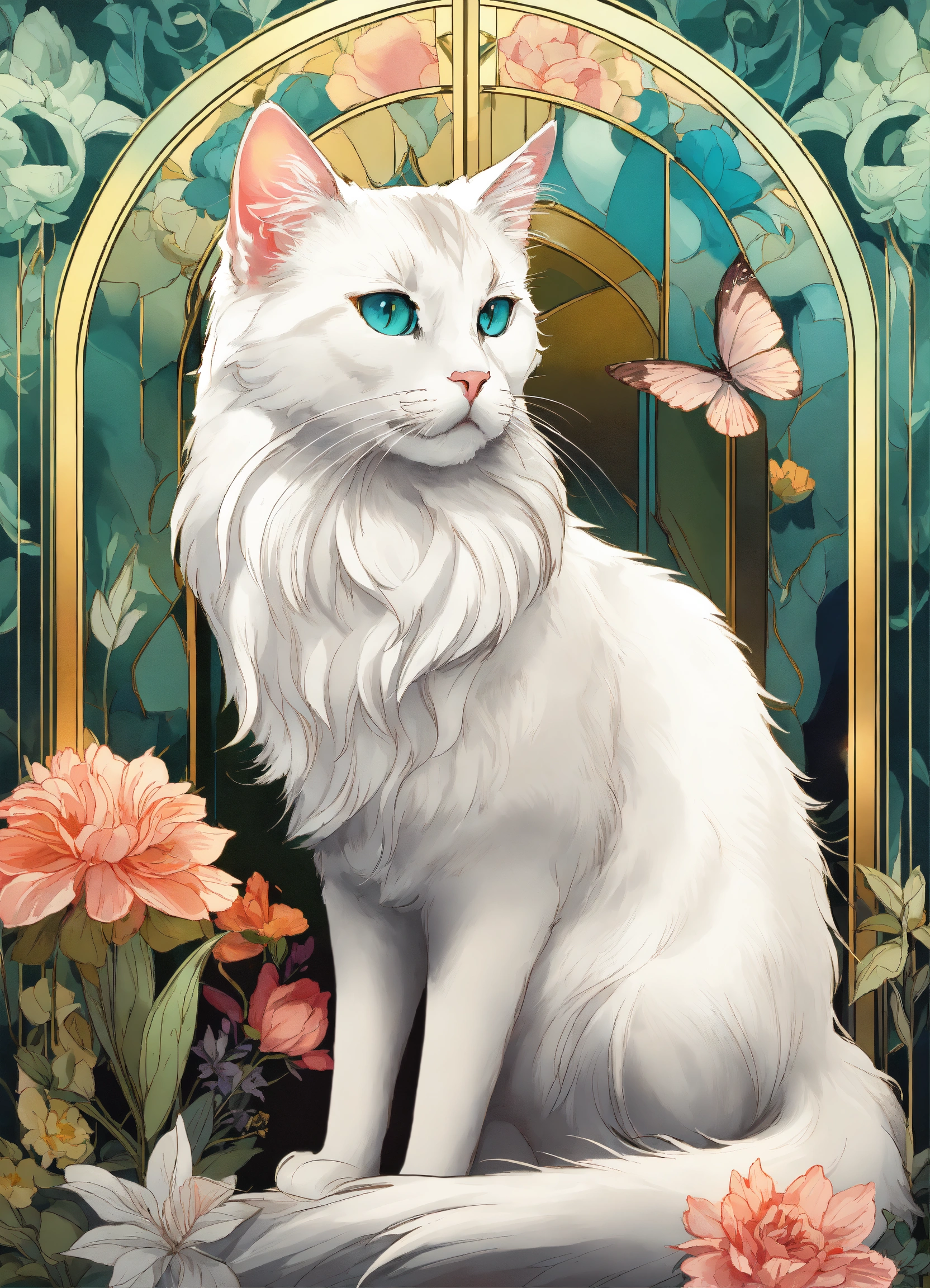 Lexica - Art Deco overwhelmingly beautiful fluffy white cat framed with ...
