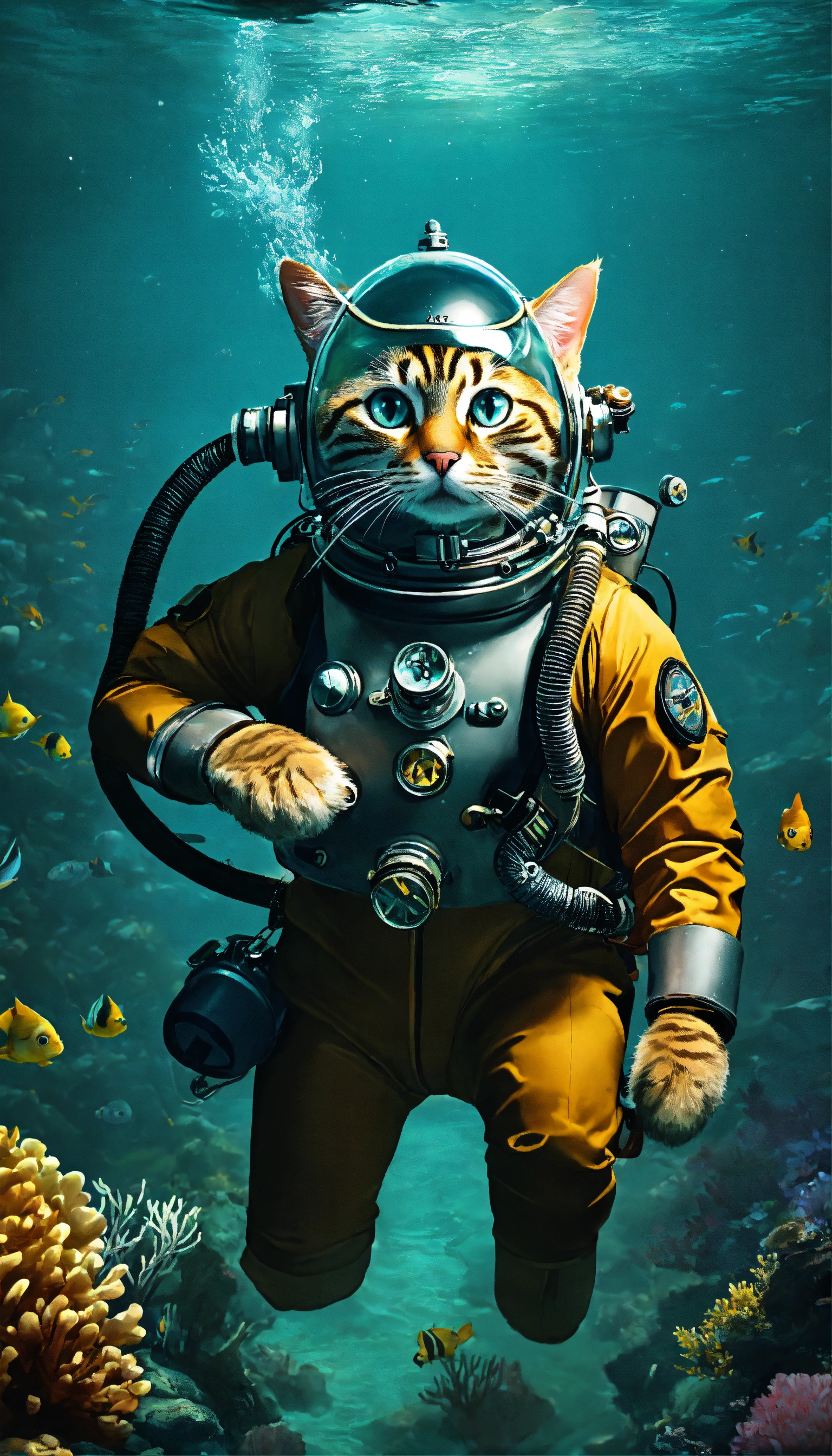 Lexica - Create an image of a cat pedaling through the ocean depths in ...