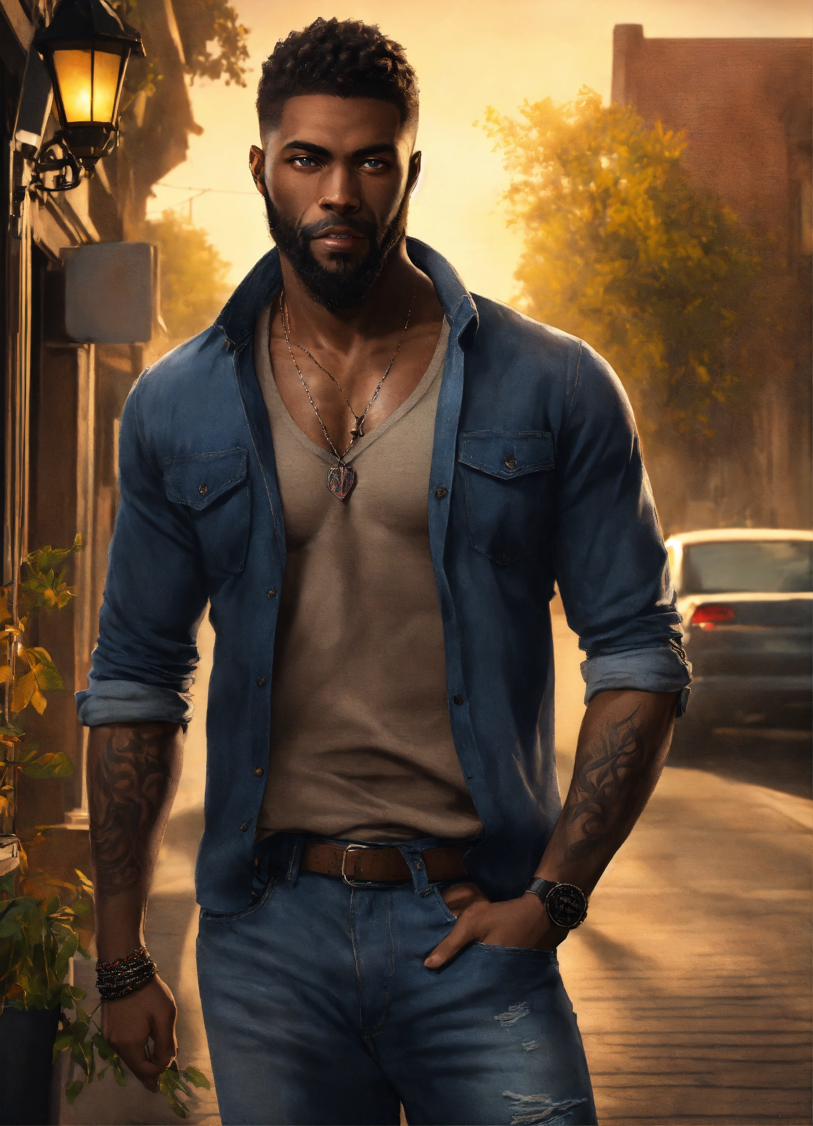 Lexica - Very Handsome black male werewolf, light eyes, beard, wearing ...