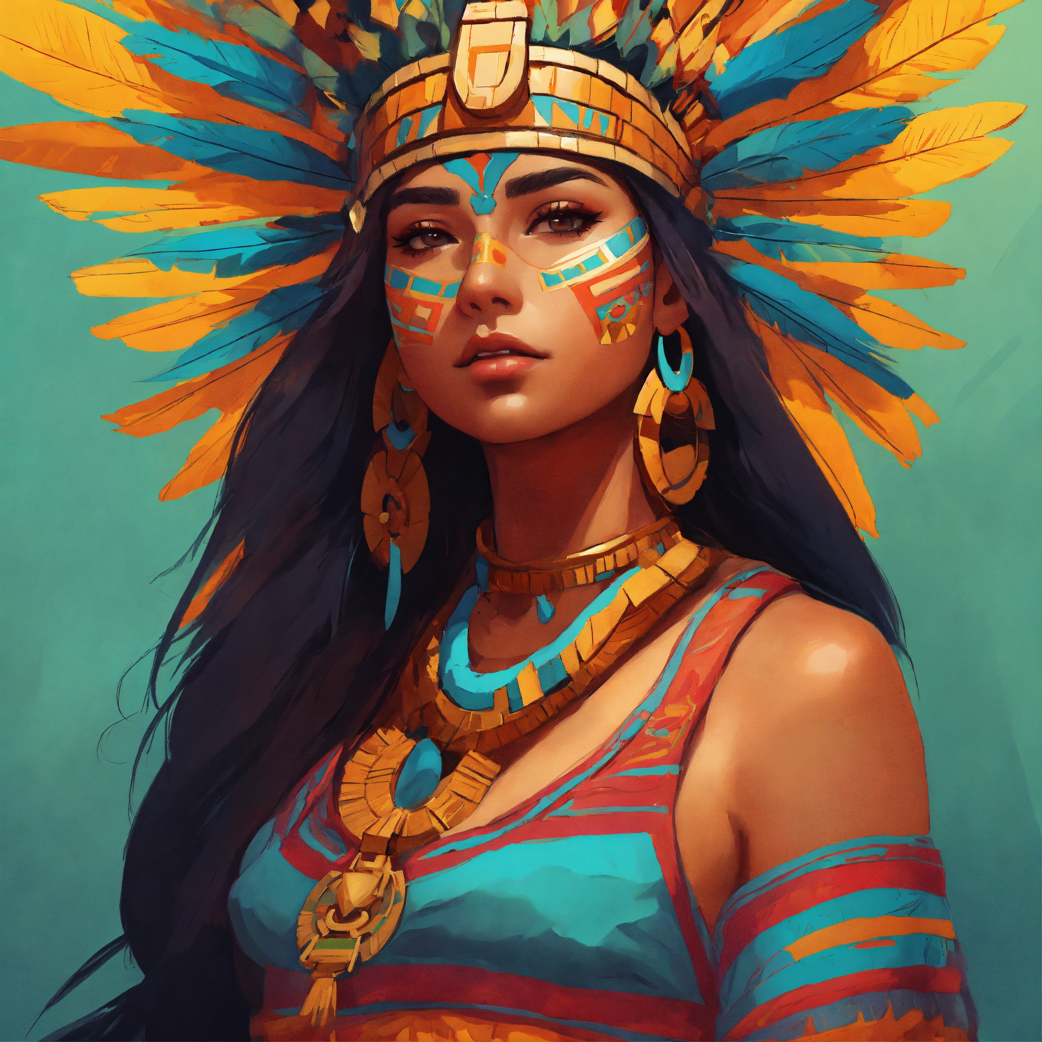 Lexica - Aztec young woman, cartoon oil paint, 2D illustration style, sharp focus, bright color ...