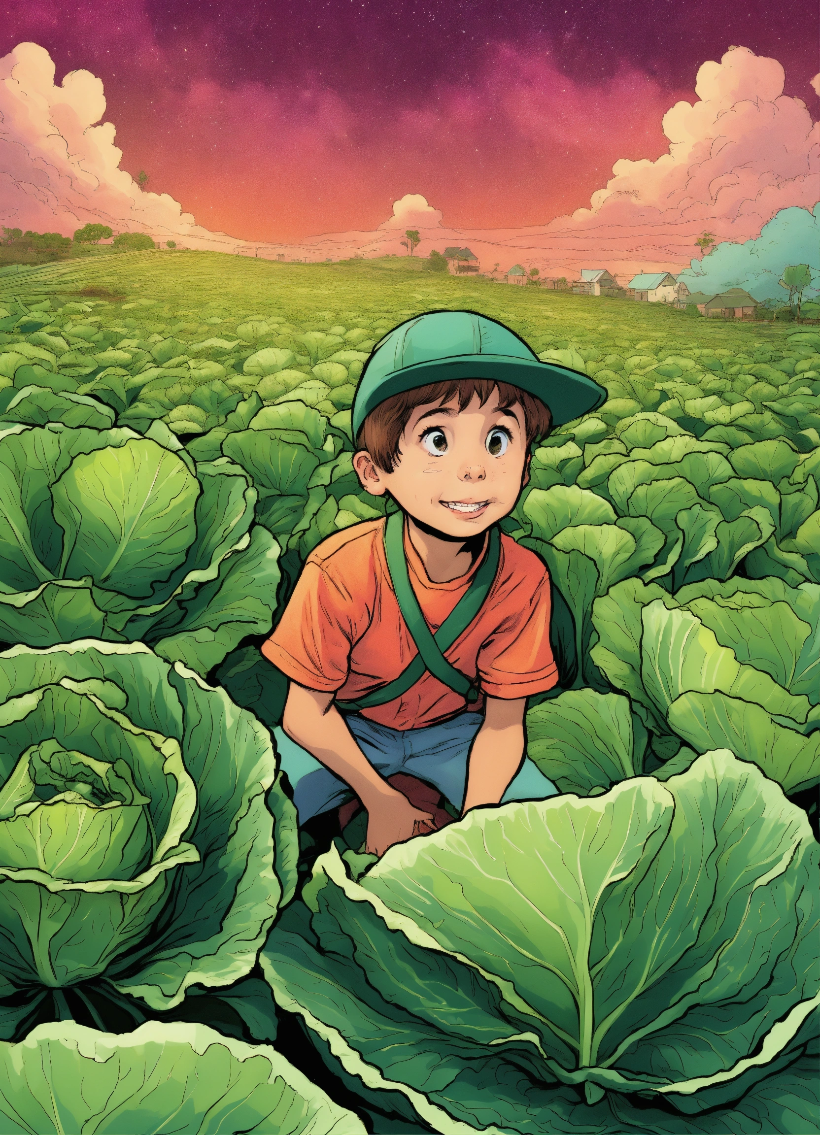 Lexica - A boy get into the cabbage. comics, psychedelic background