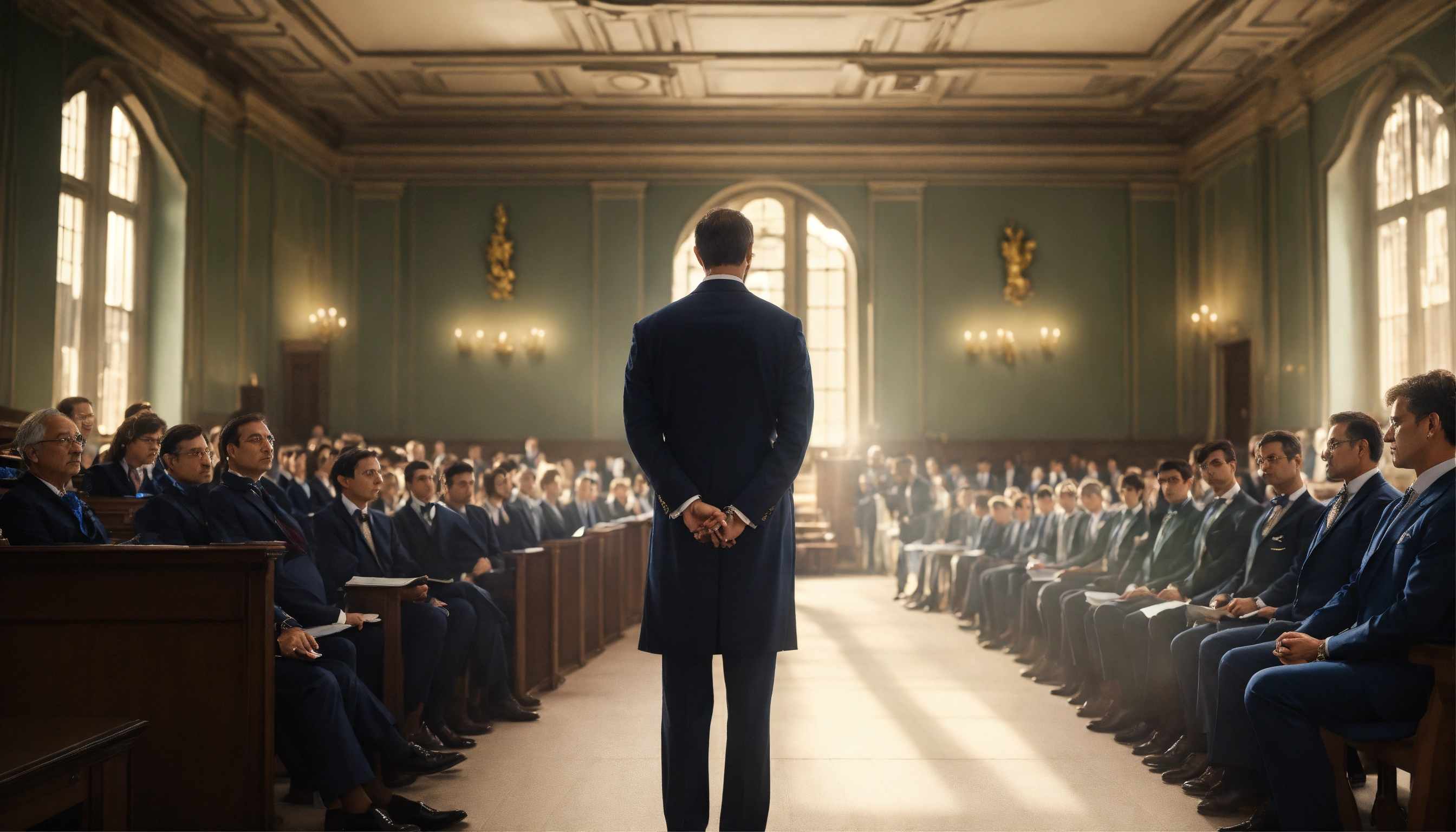 Lexica - High nobles in endless dresses and suits sit in a lecture hall ...