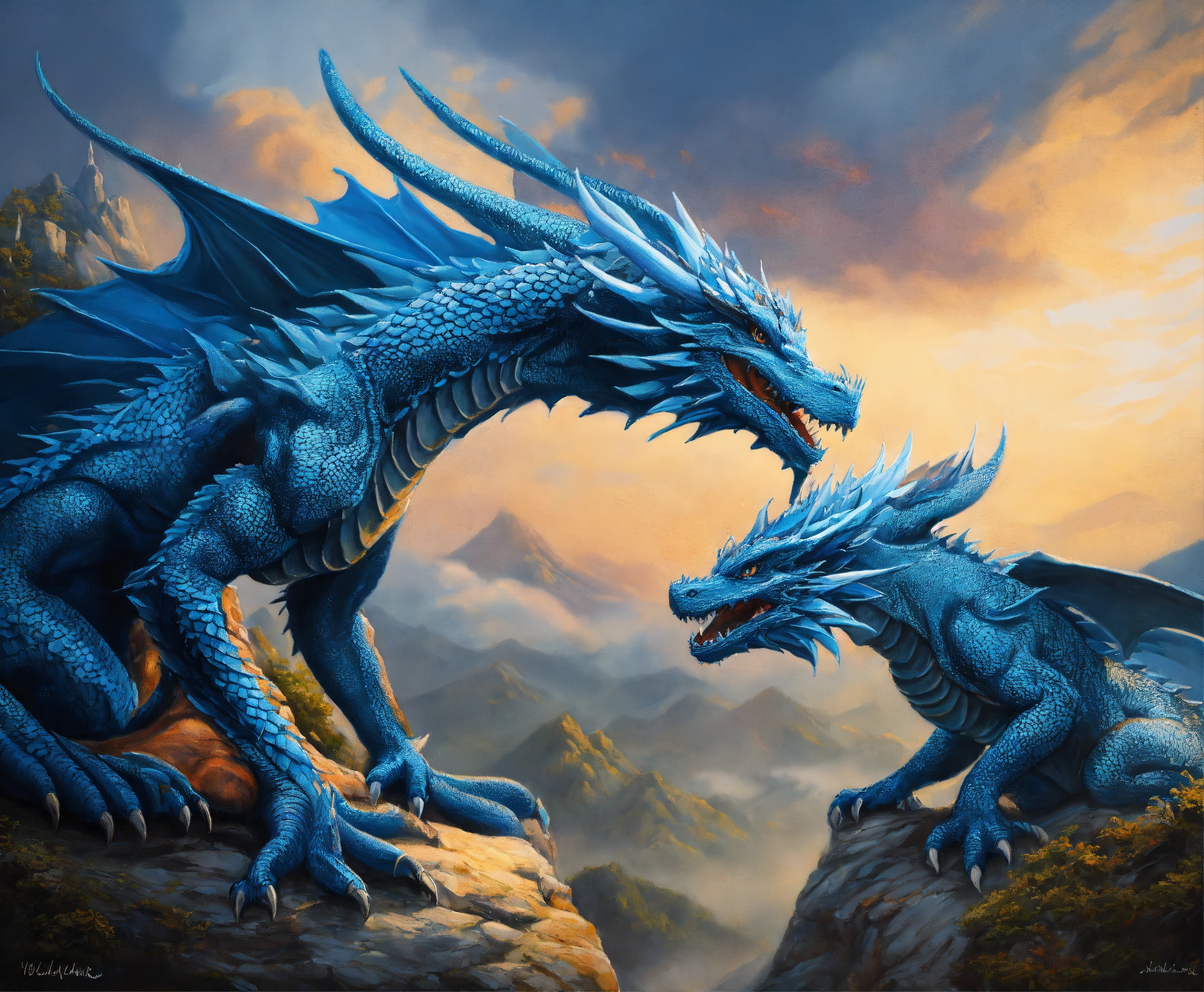 Lexica - Oil painting of two blue dragons touching each other on top of ...