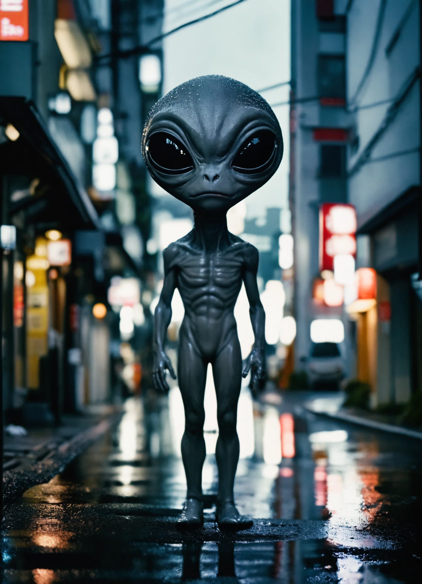 Lexica - Very cute, realistic grey alien standing in the street of ...