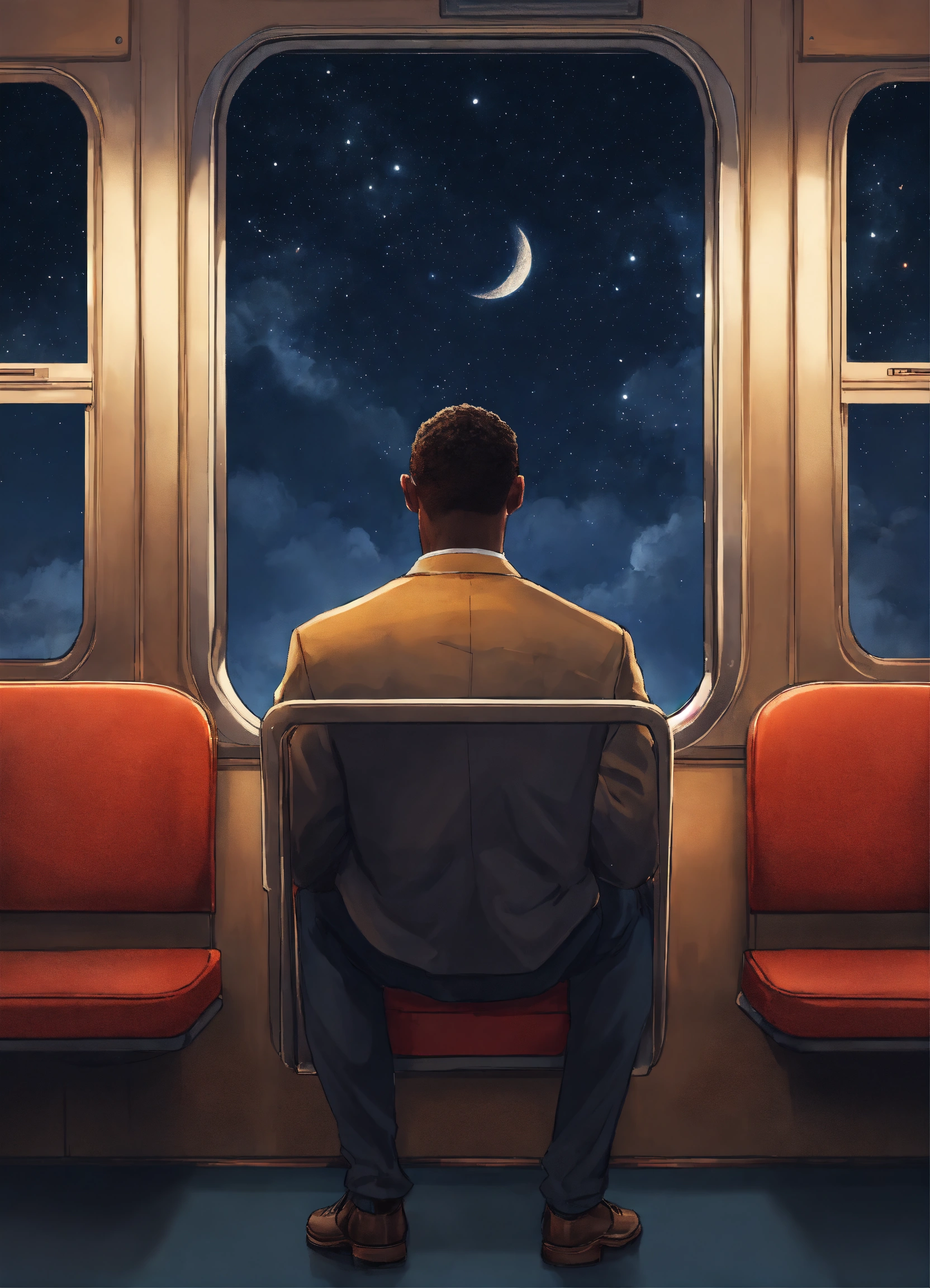 Lexica - Realistic style. On a train we see from behind a black man ...