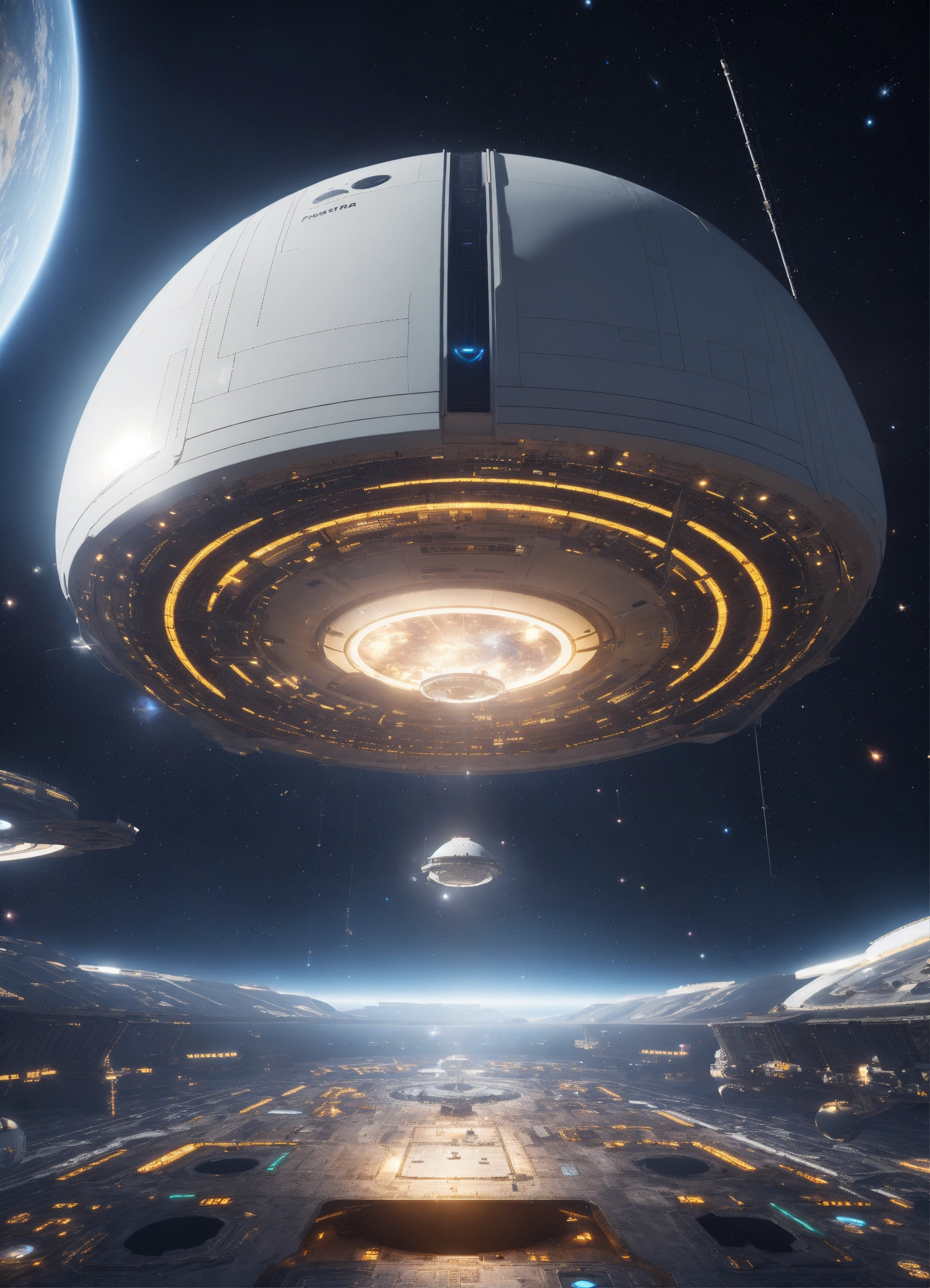 Lexica - Beautiful white disc shaped spaceport hub flying floating in ...