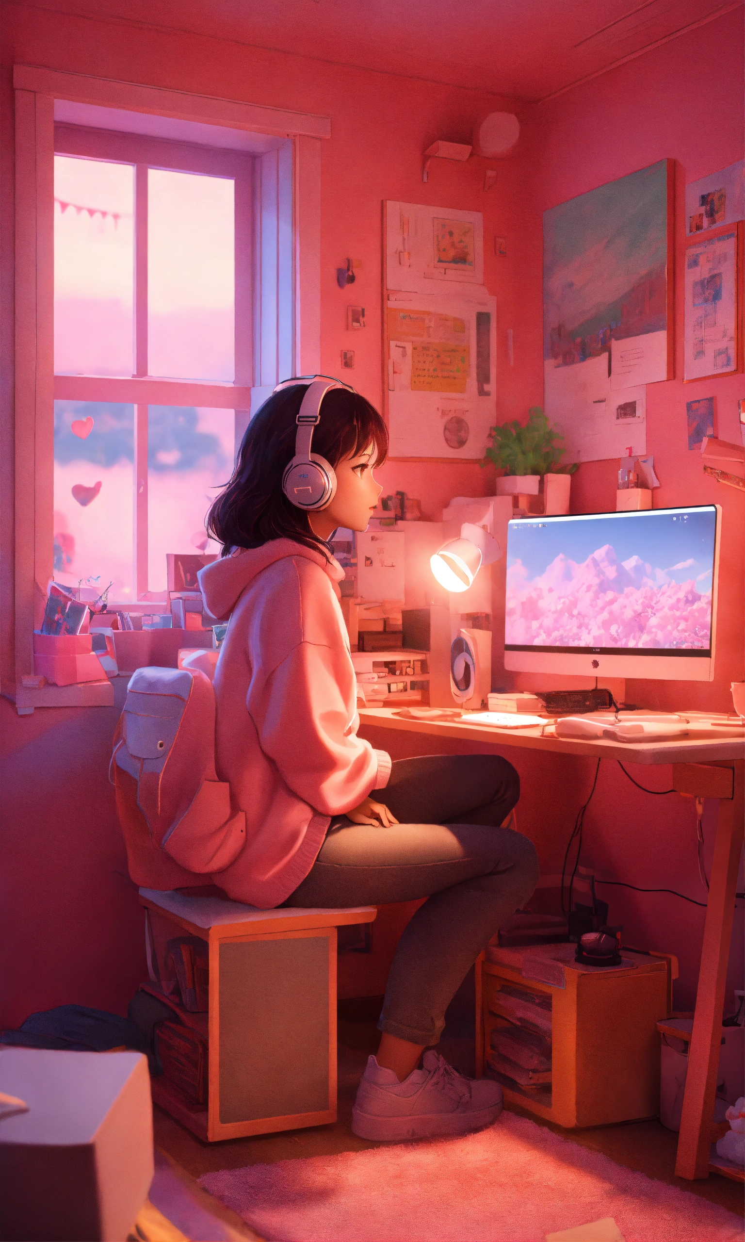 Lexica - Cute lofi girl in front of his computer in her cozy and messy ...