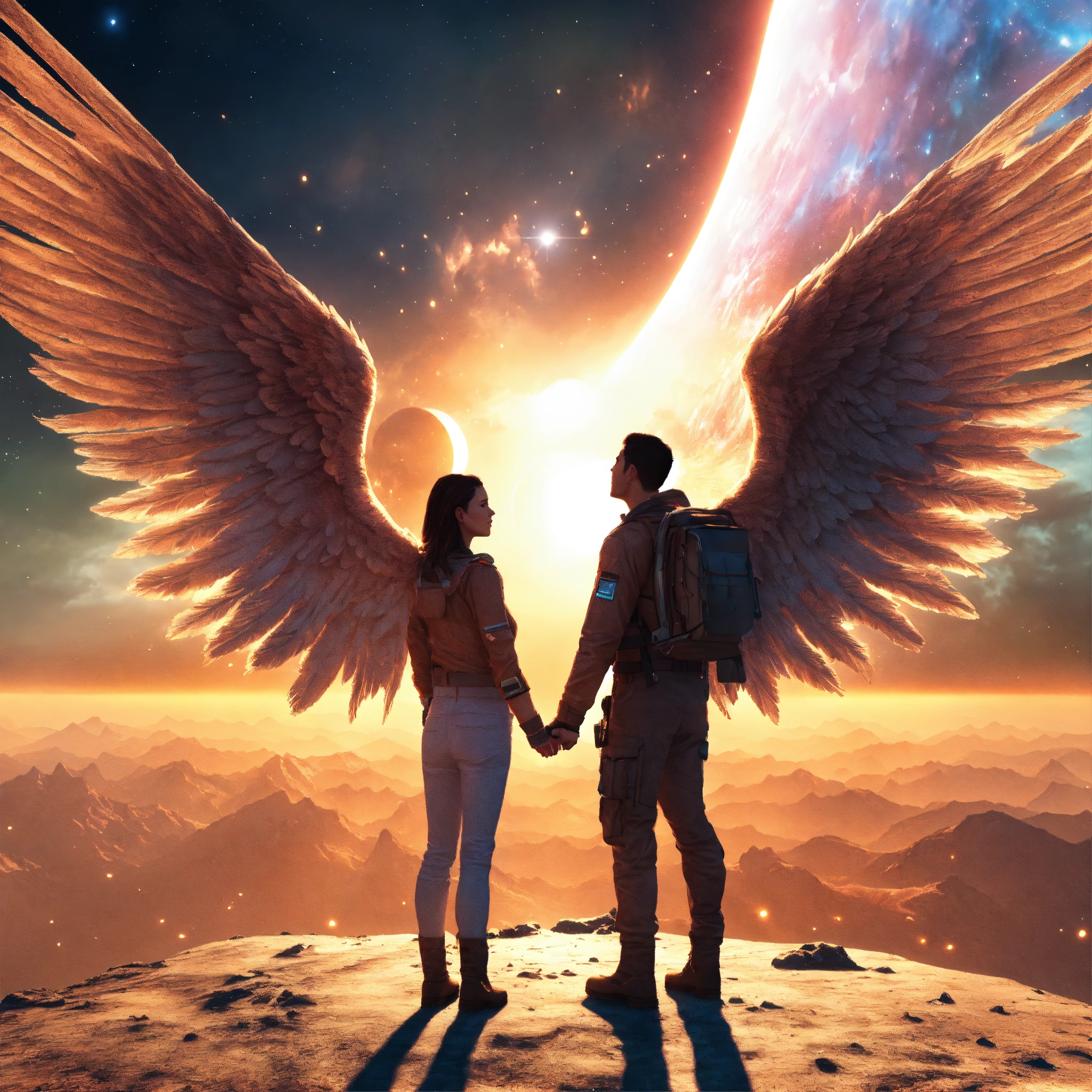 Lexica - Man angel and young woman angel, mountain nebula, sun ...