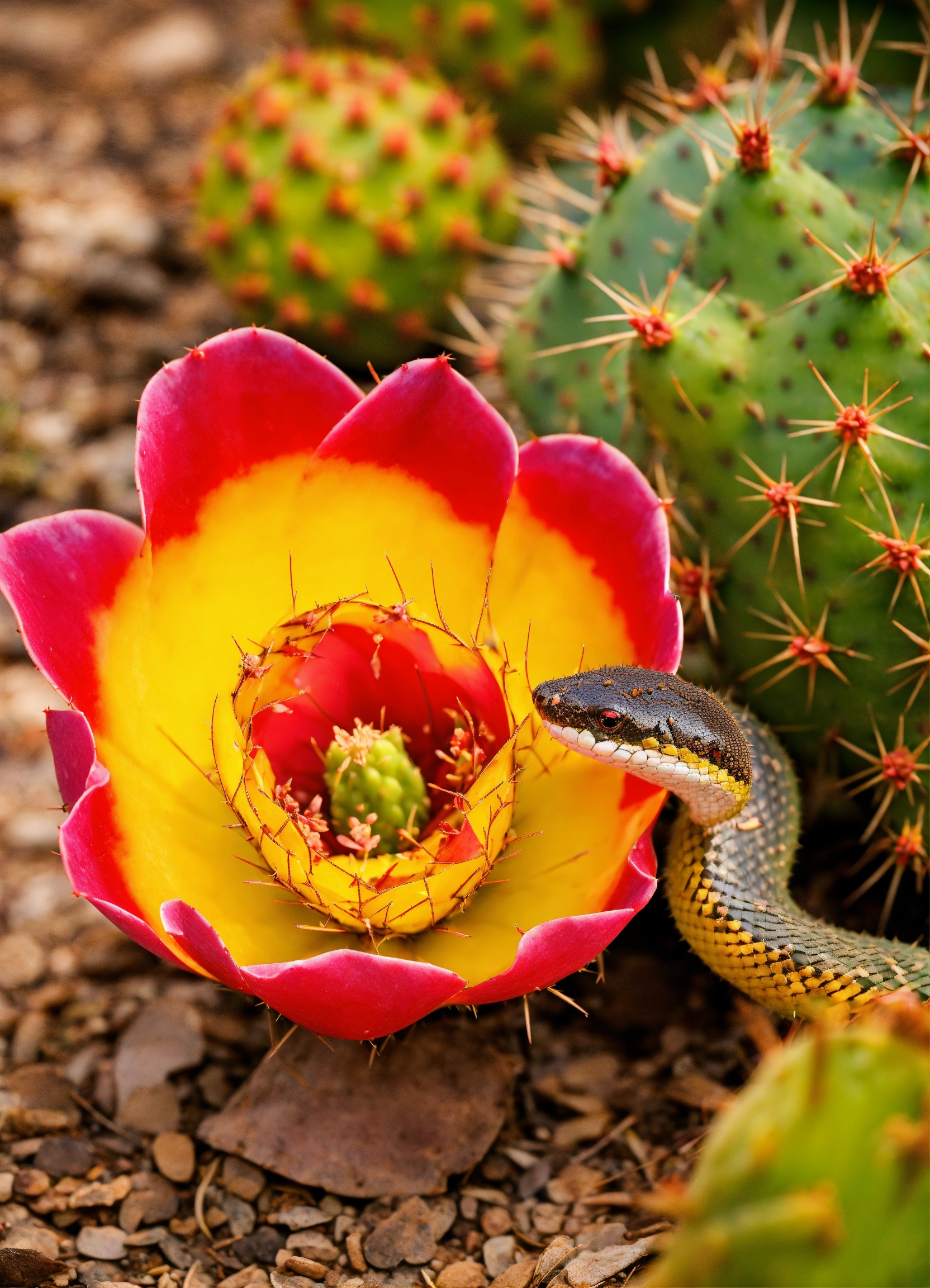 Lexica - Snake curling around a prickly pear cactus