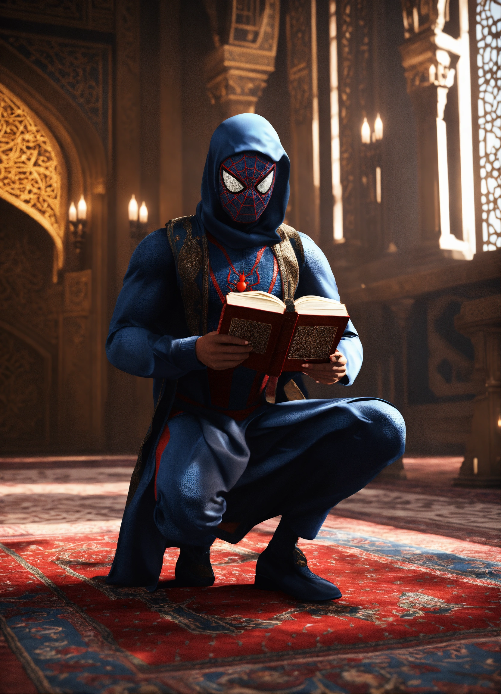 Lexica - Spiderman wearing skull cap, holding prayer mat on his ...
