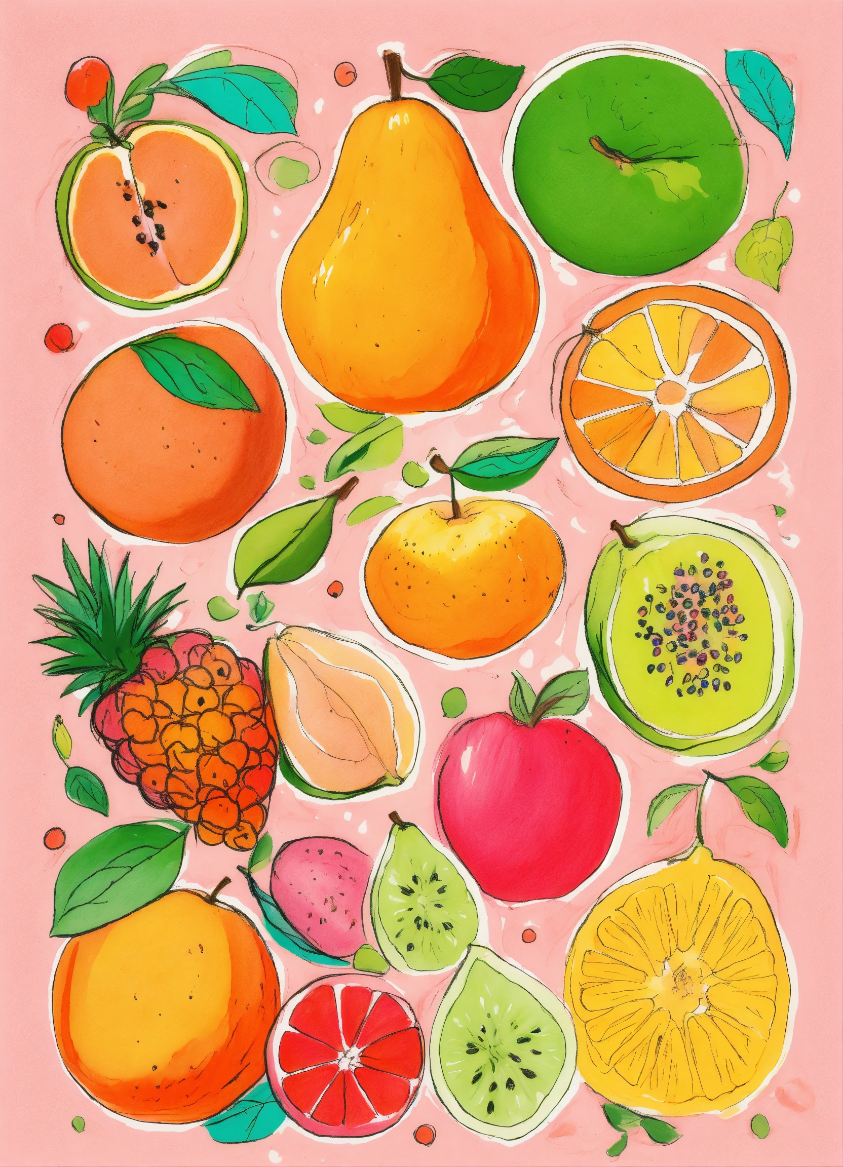 Lexica - Fruits doodle pale crayon drawing soft colors on solide white ...