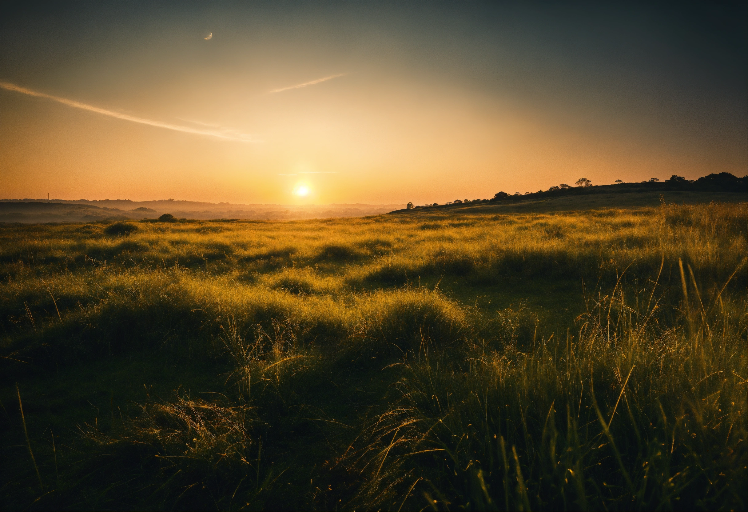 Lexica - View from laying on the ground of a grassy landscape at dawn ...