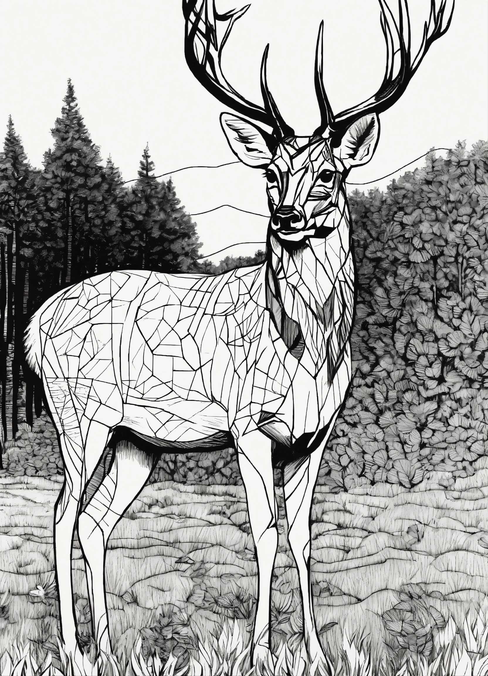 Lexica - Deer, black and white, line only, Picasso