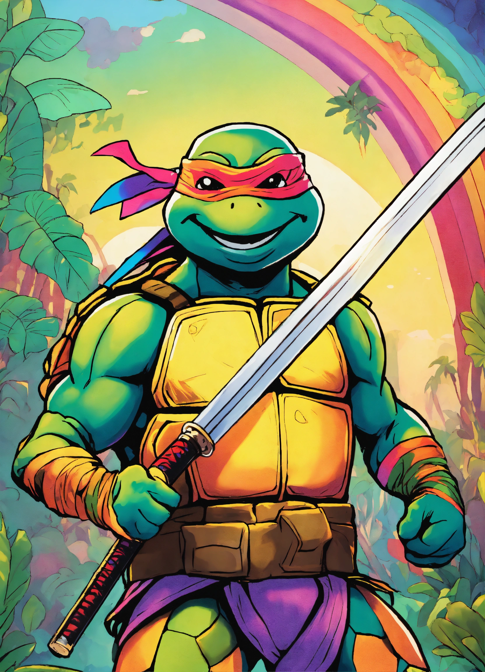 Lexica - A smiley ninja turtle with two katana in the hand and a pastel ...