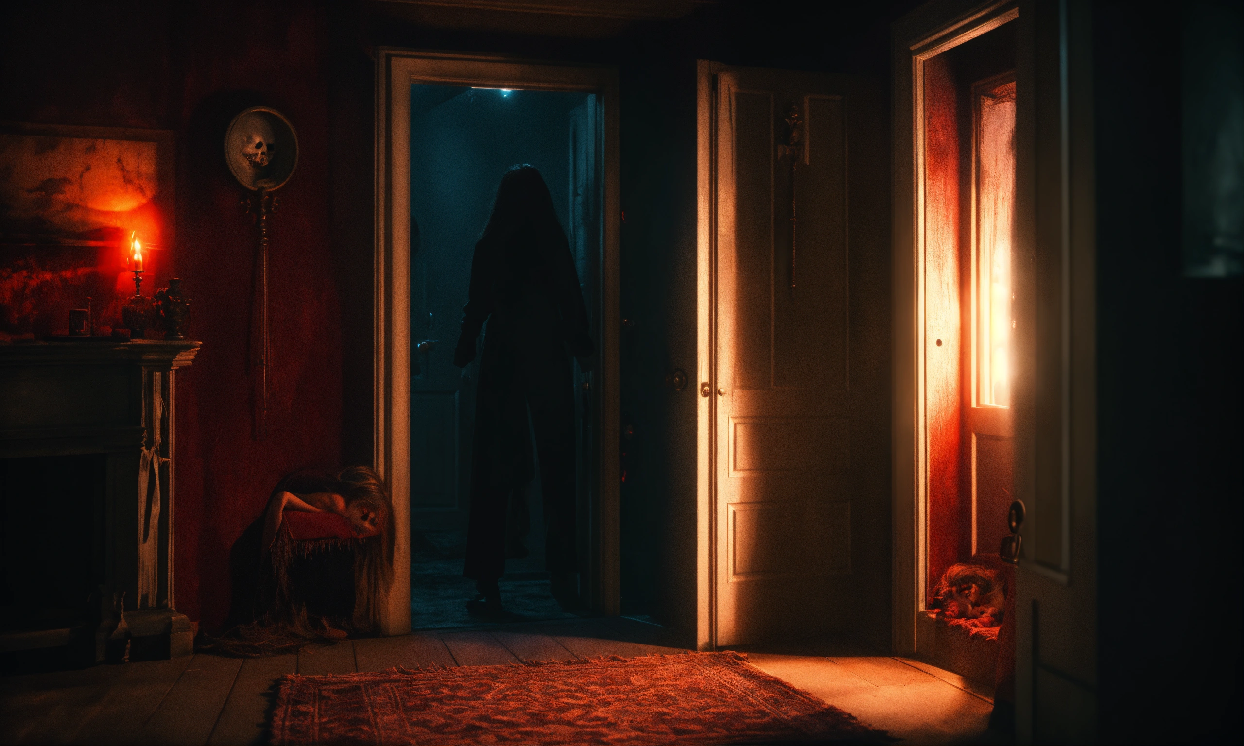 Lexica - Spooky dark room; girl sleeping; a demon at the door; scary ...