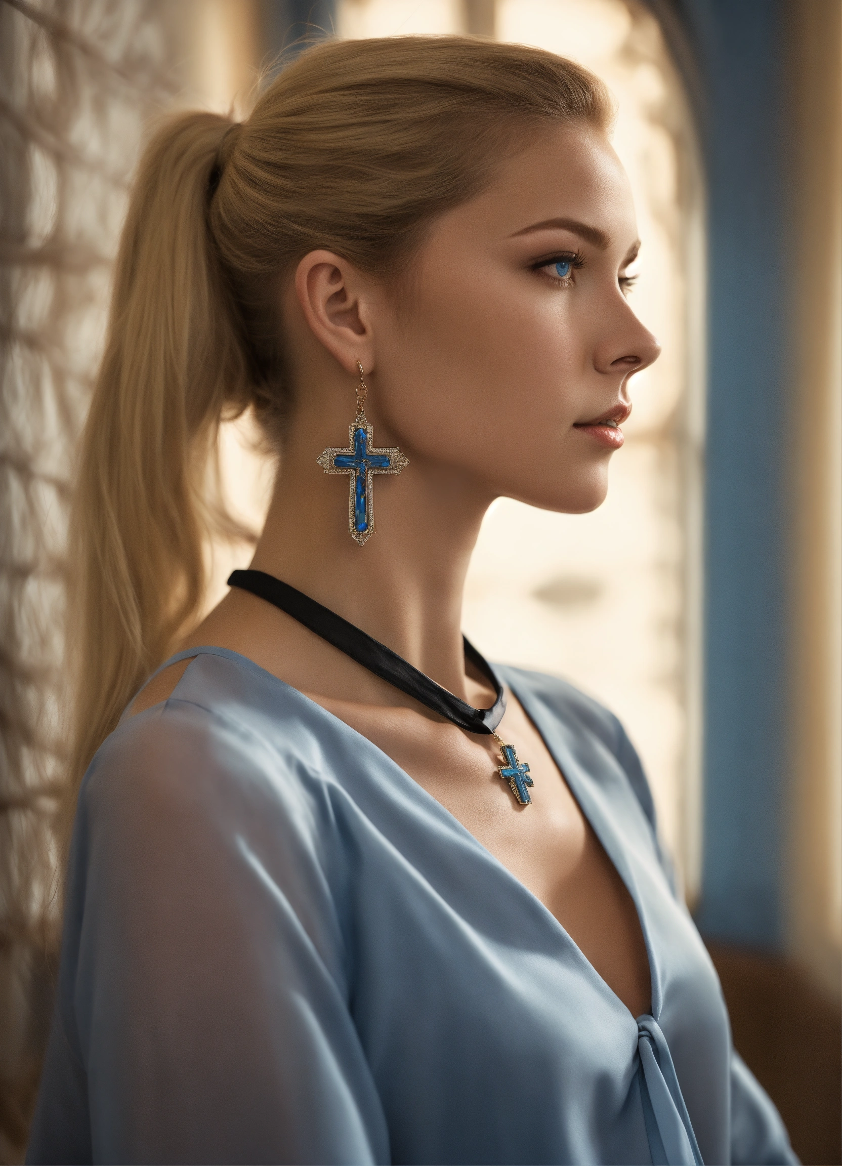 Lexica - A beautiful woman with blue eyes, blond hair in a ponytail ...