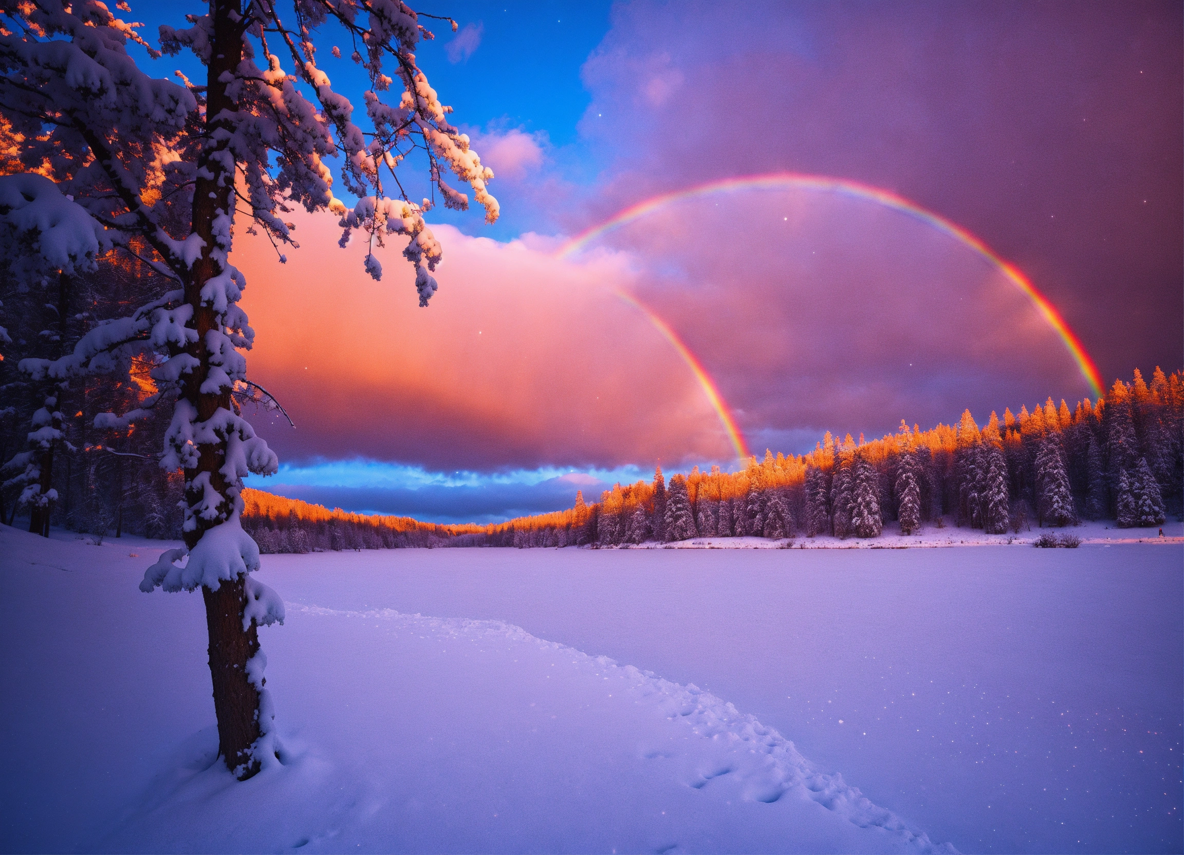 Lexica - Giant lake snow trees snow rainbow lights lights moon stars ...