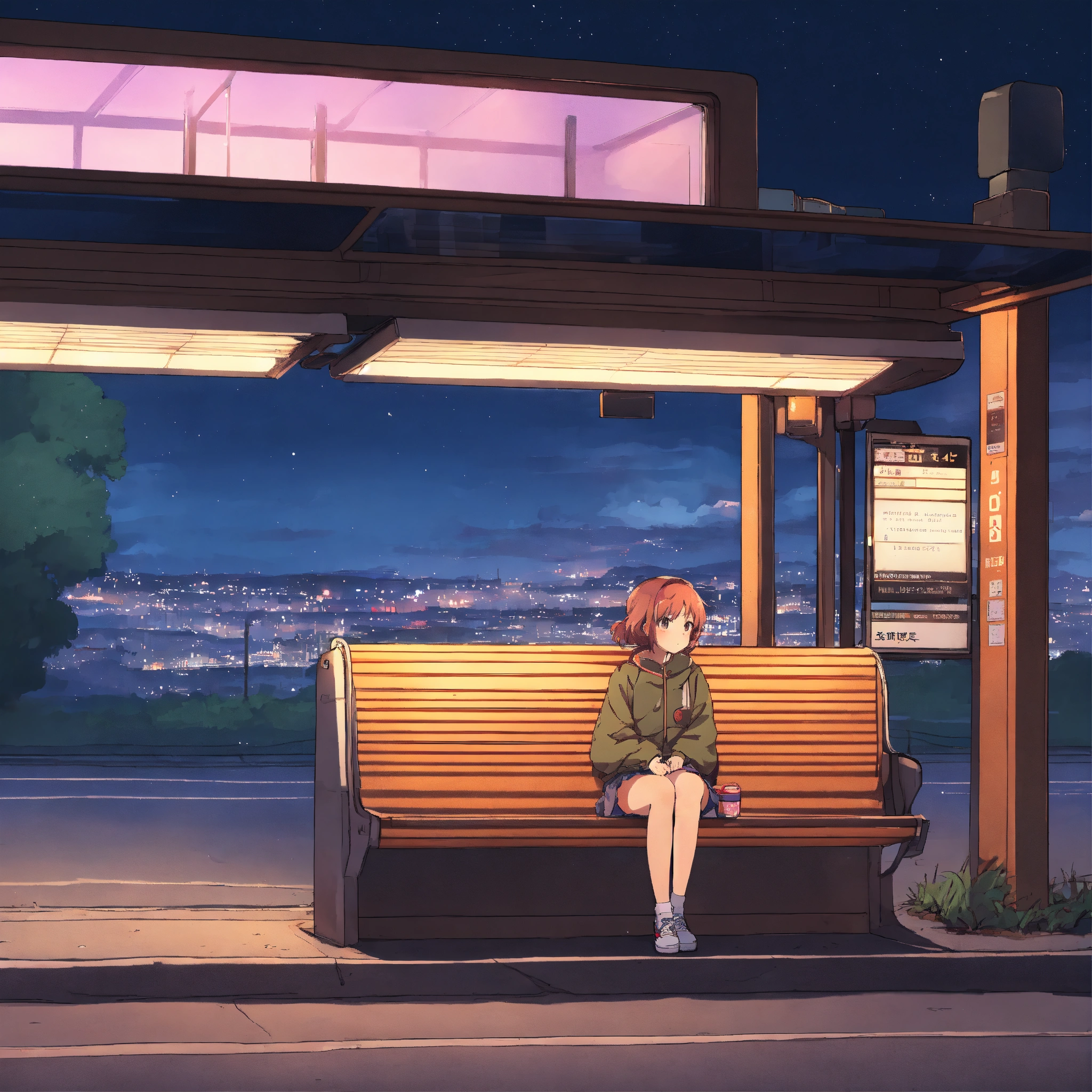 Lexica - A cute anime lofi girl waits at an empty bus stop at night