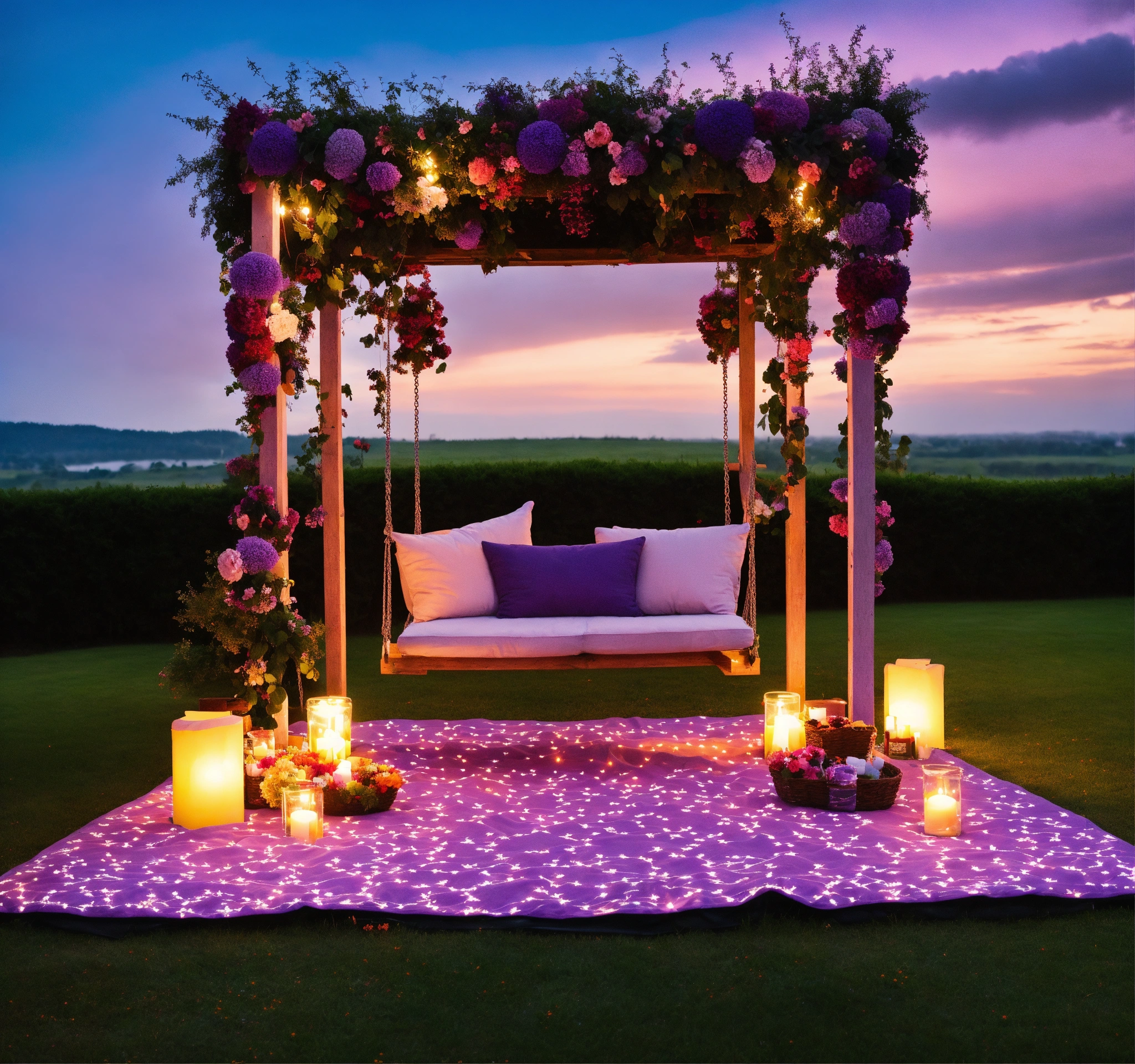 Lexica - Purple sunset room with giant flower swing, led lights in ...