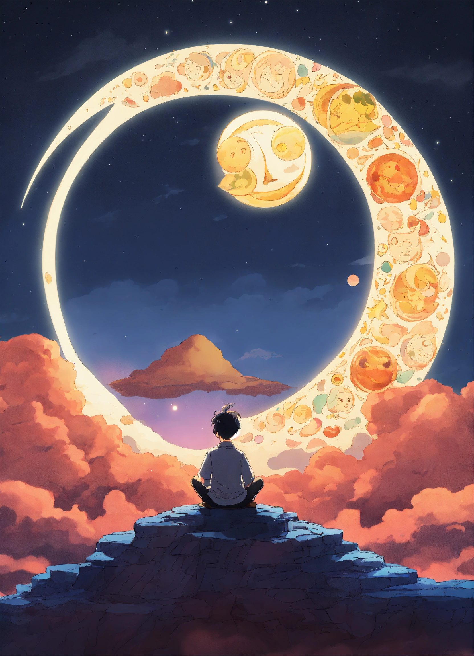 Lexica - A cartoon anime moon floating with a face in meditation in a ...