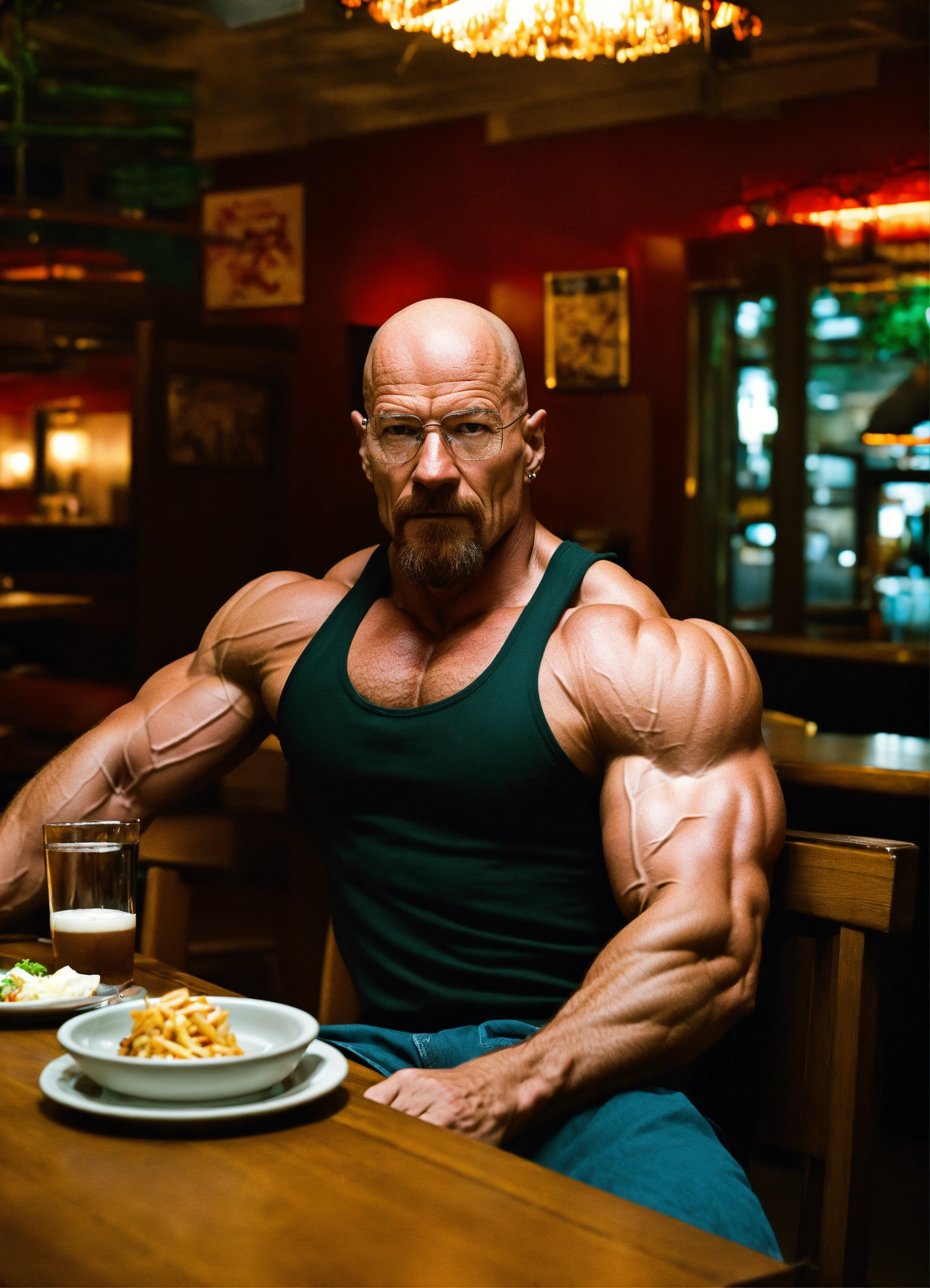 Lexica - Bodybuilder Walter White sat in a restaurant. Far view
