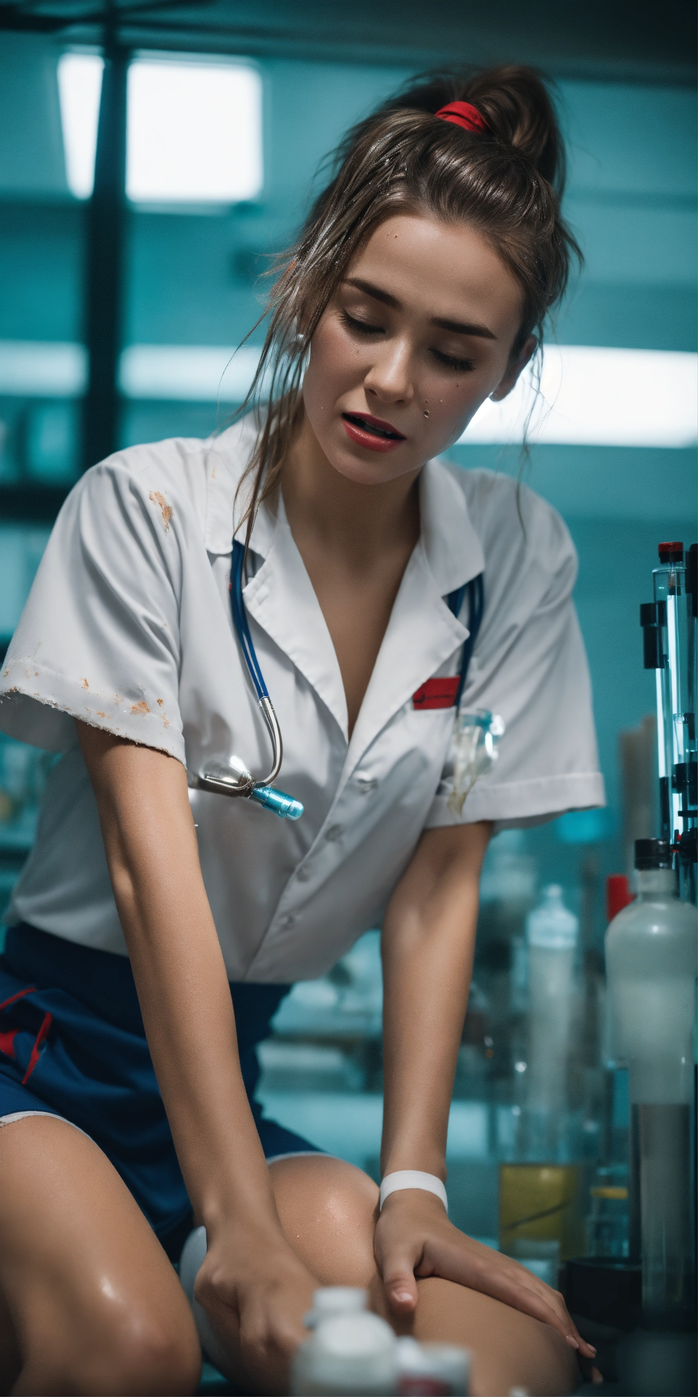 Lexica - White science laboratory, full body, lying down, gag, shiny ...