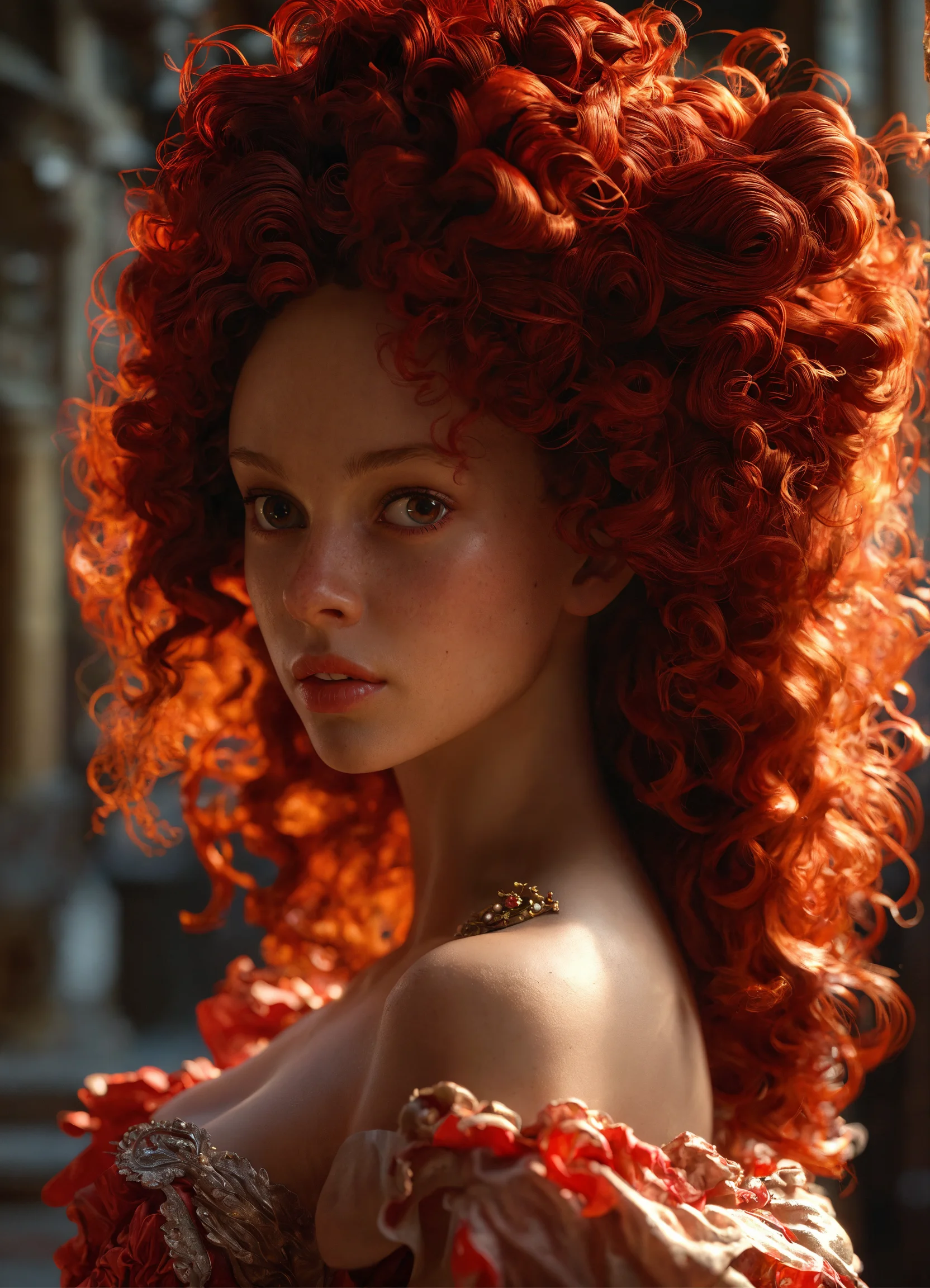 Lexica - "Beautiful Rococo Princess", elaborate gown, massive curly red ...