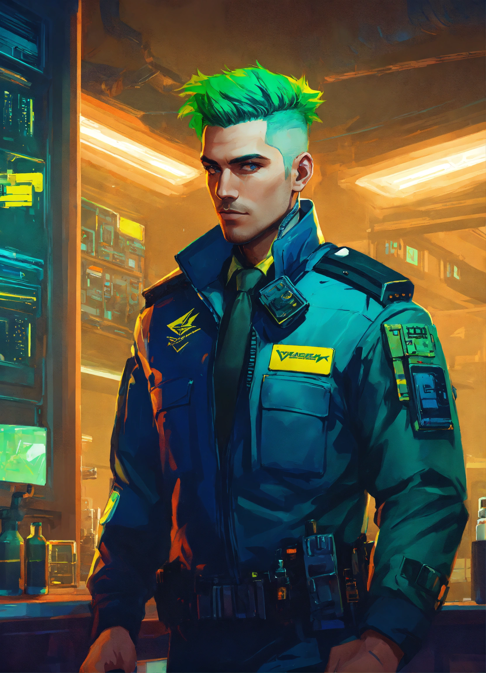 Lexica - Male university cop with green hair in dark blue uniform in a ...