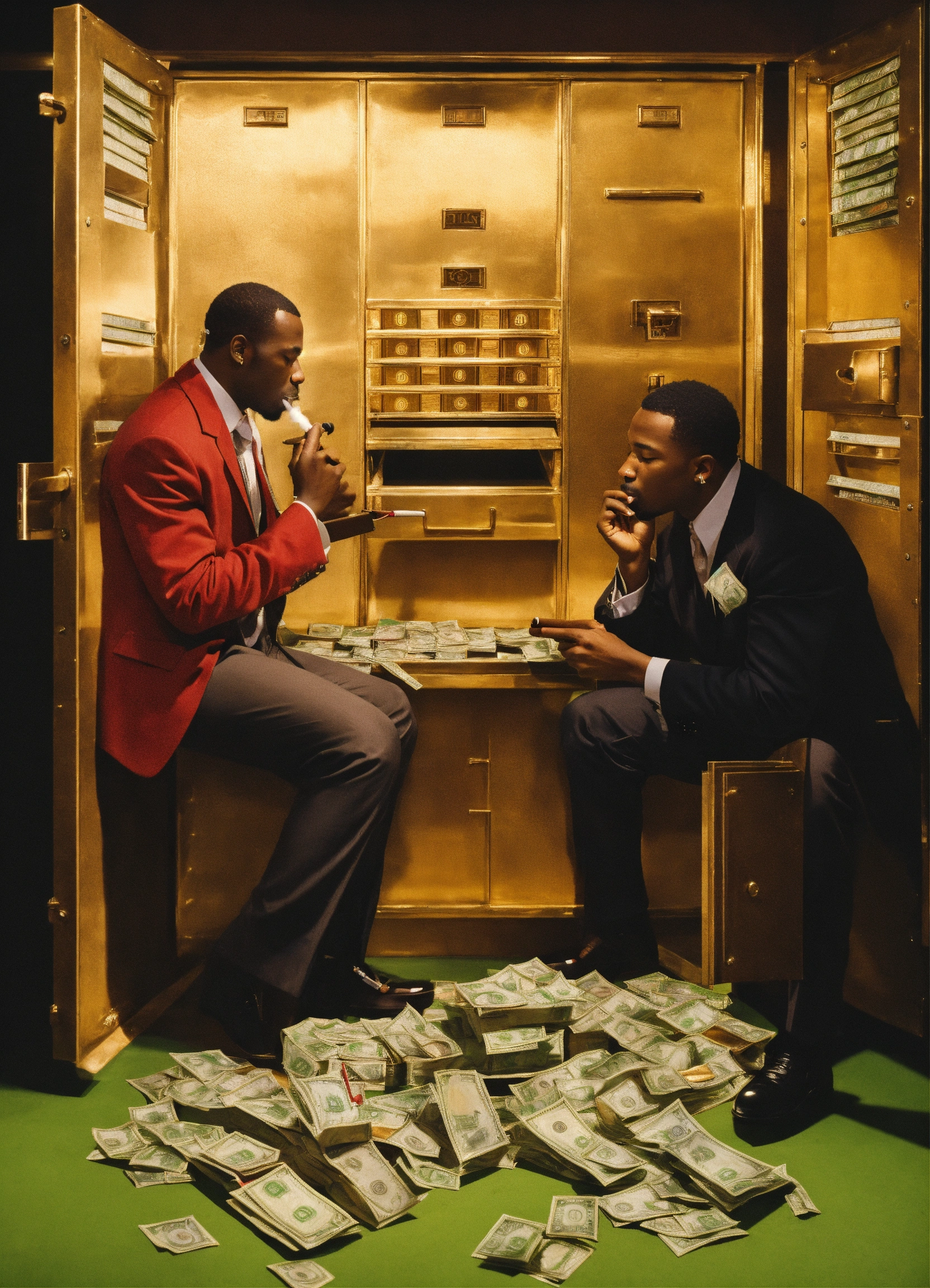 Lexica - Black Men counting money and smoking cigar inside a bank vault