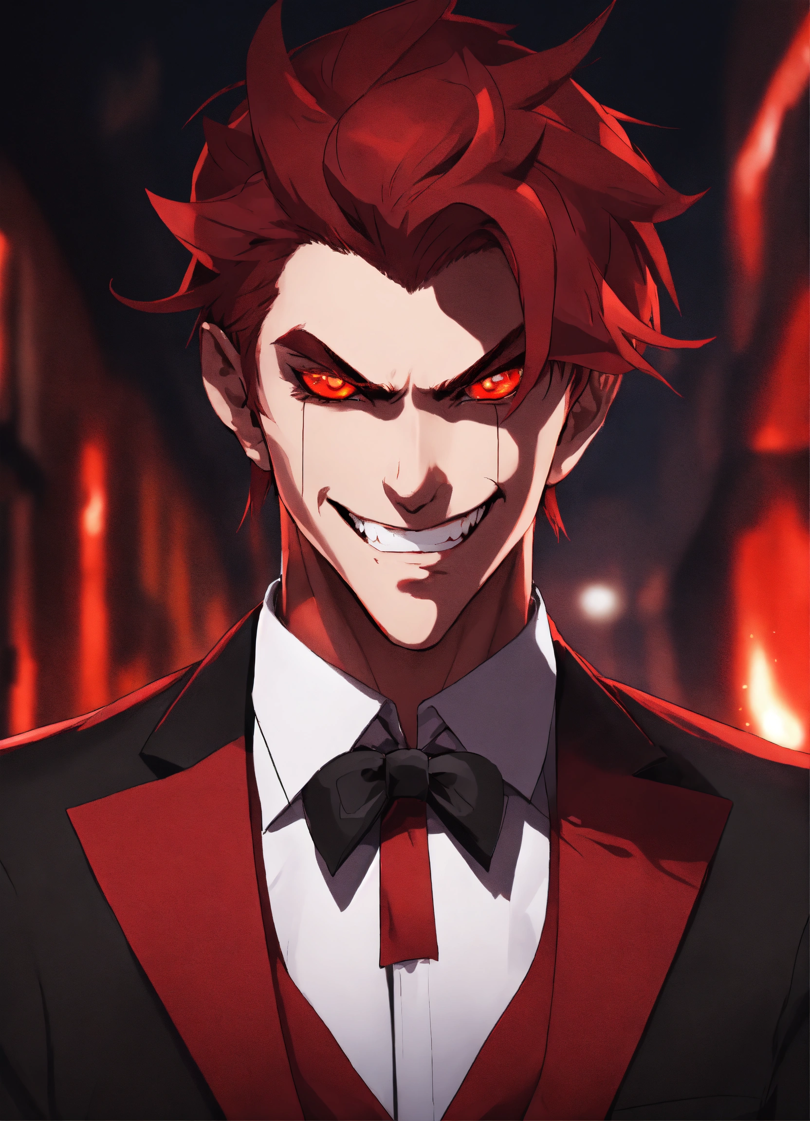 Lexica - 2D Cartoon Male Demon, red eyes, wide grin, red suit with ...