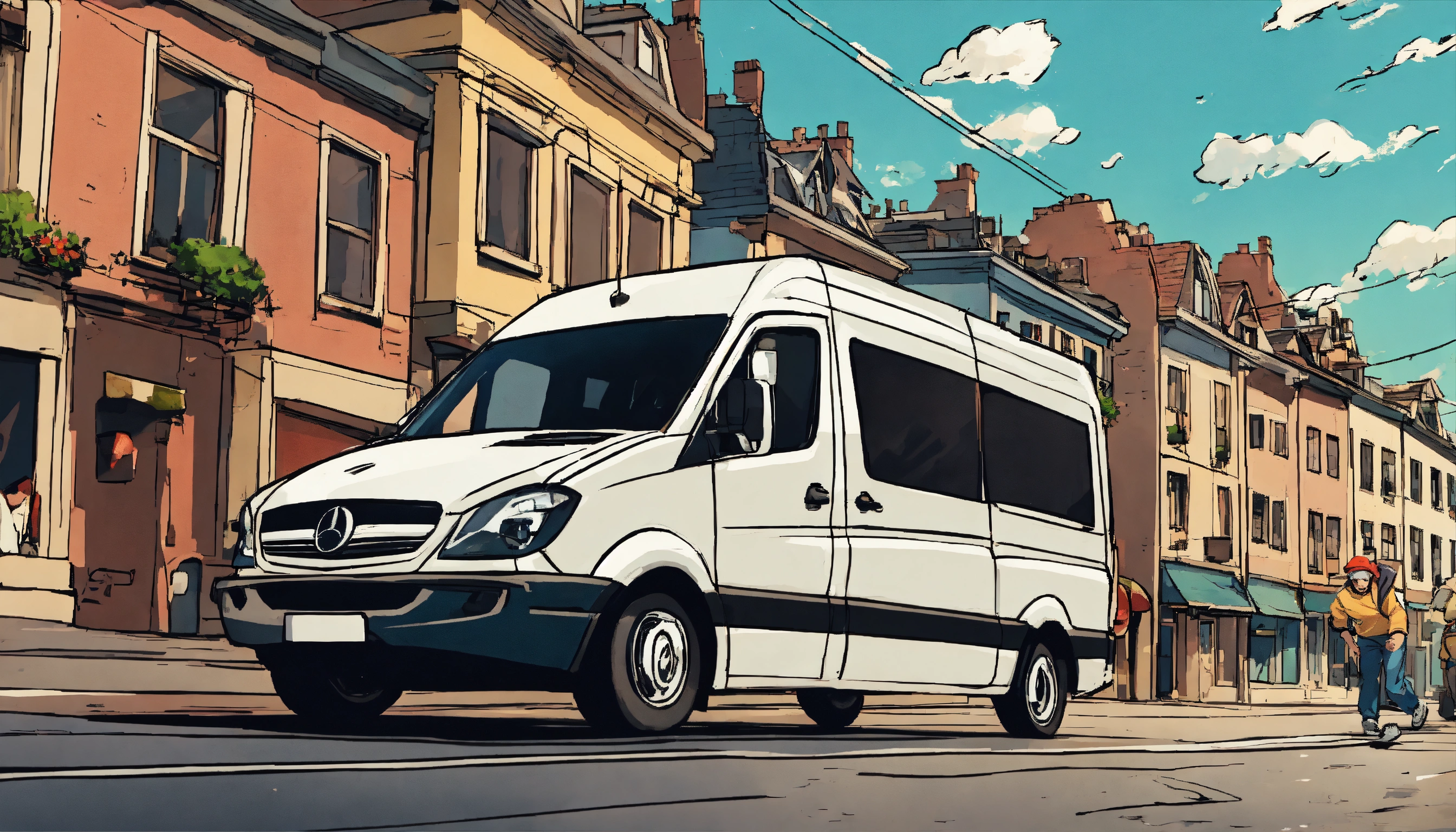 Lexica - A white sprinter is driving in full speed at a street inside a ...