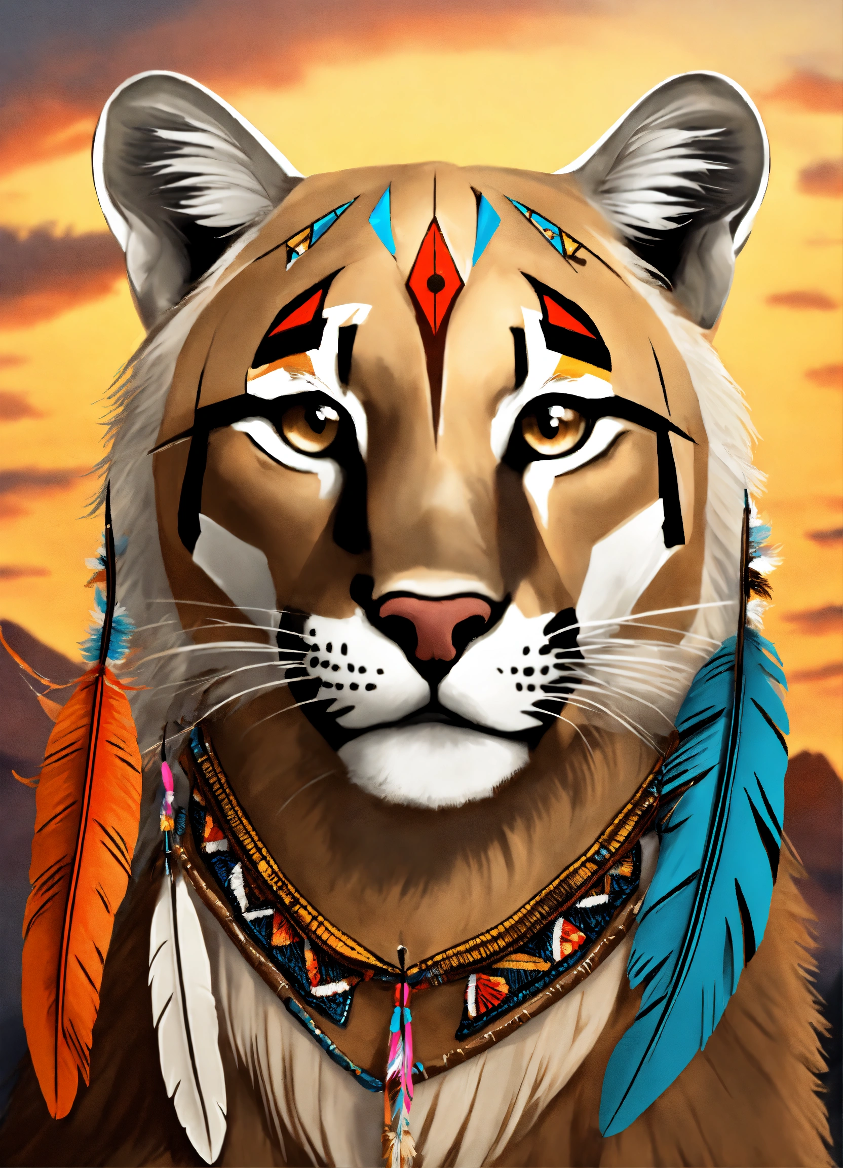 Lexica - A male mountain lion in native american style with feathers ...