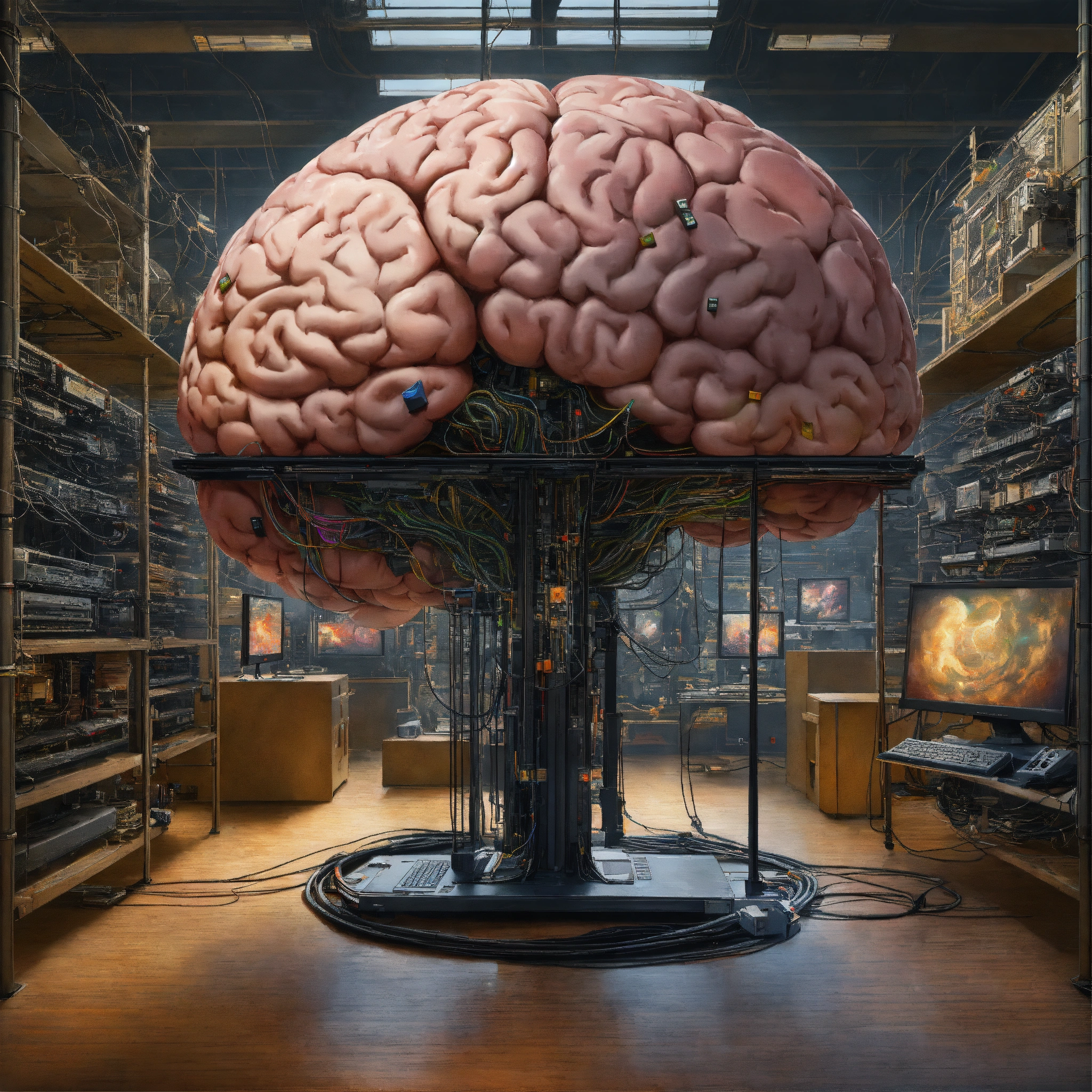 Lexica - In the center of the room, a colossal human brain is ...