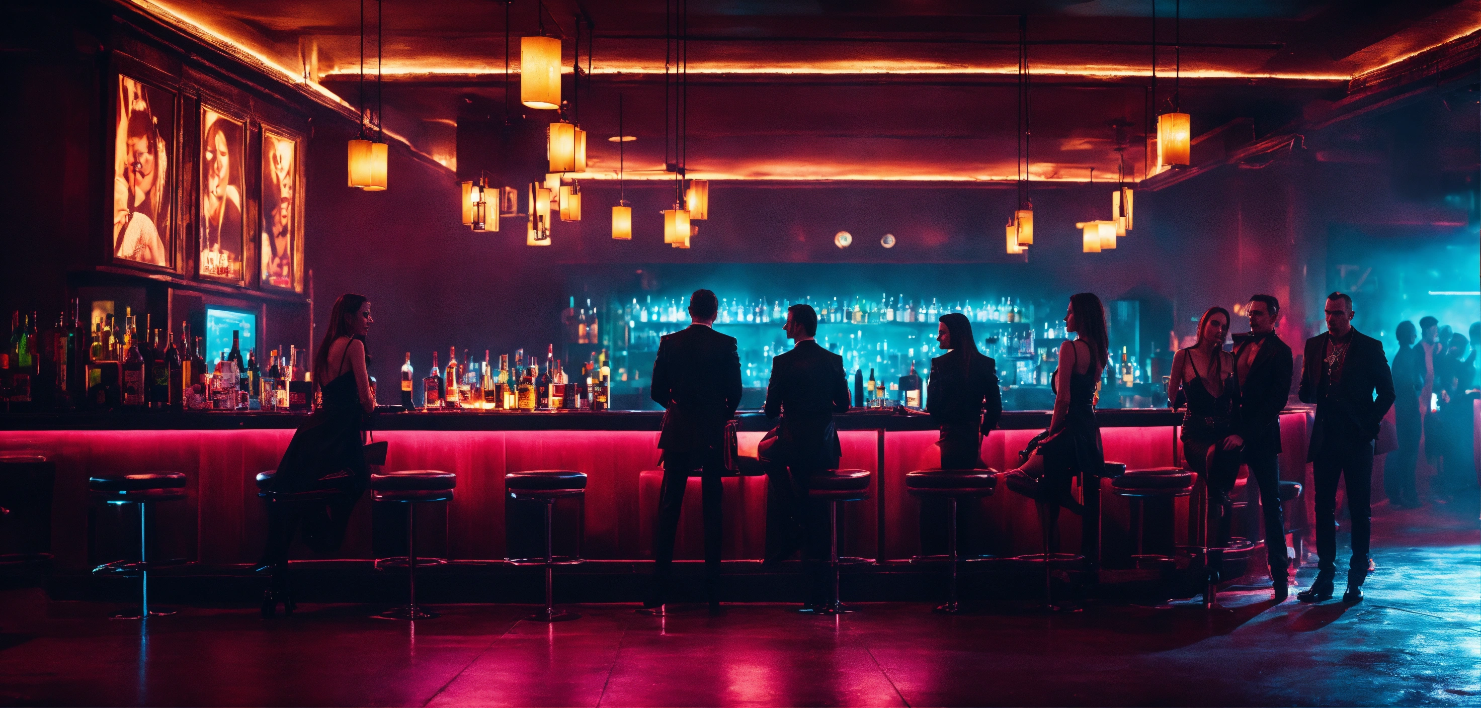 Lexica - Cinematic look, urban city night club bar with guests ...