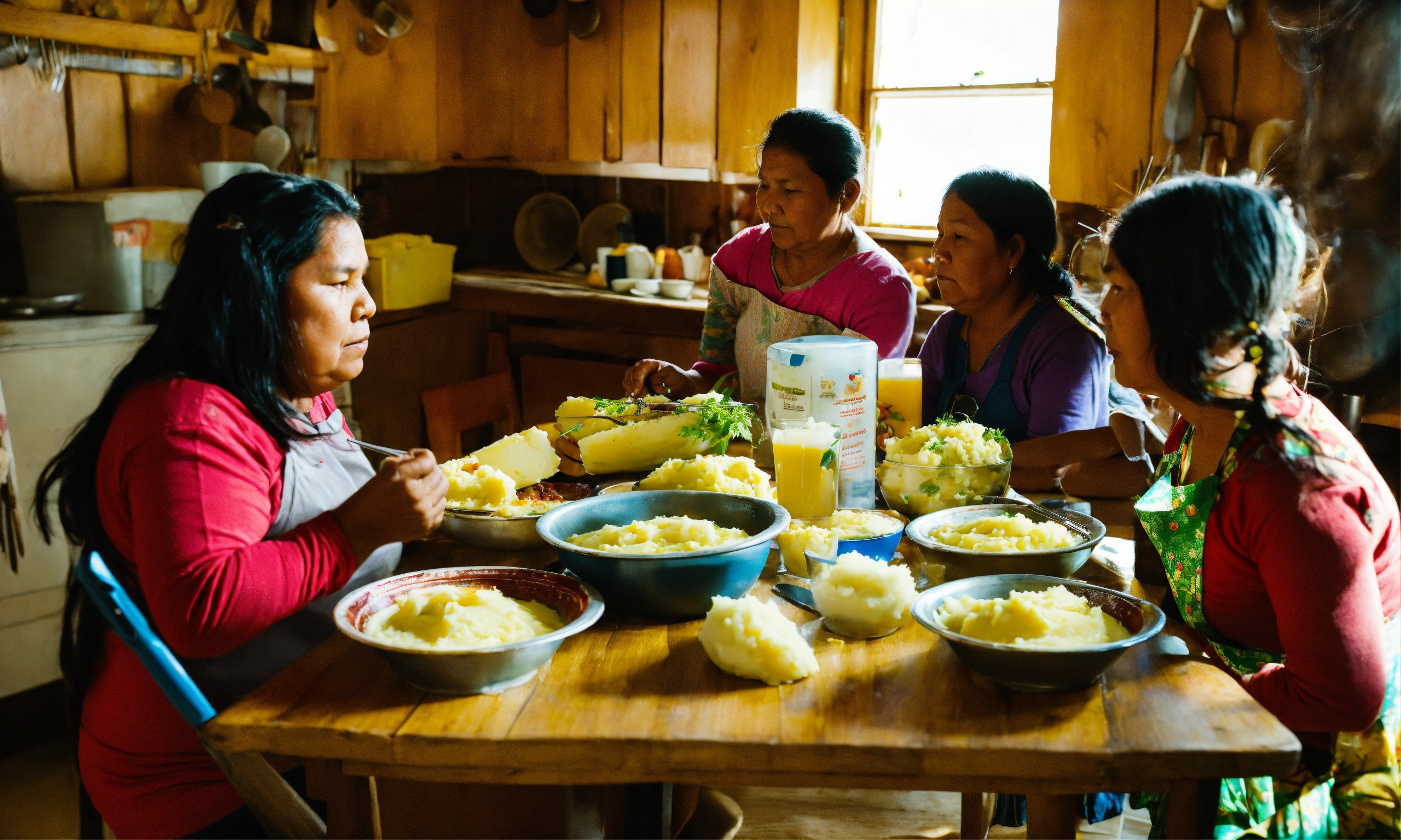 Lexica - In a rural kitchen, a low-income Indigenous family sits at the ...