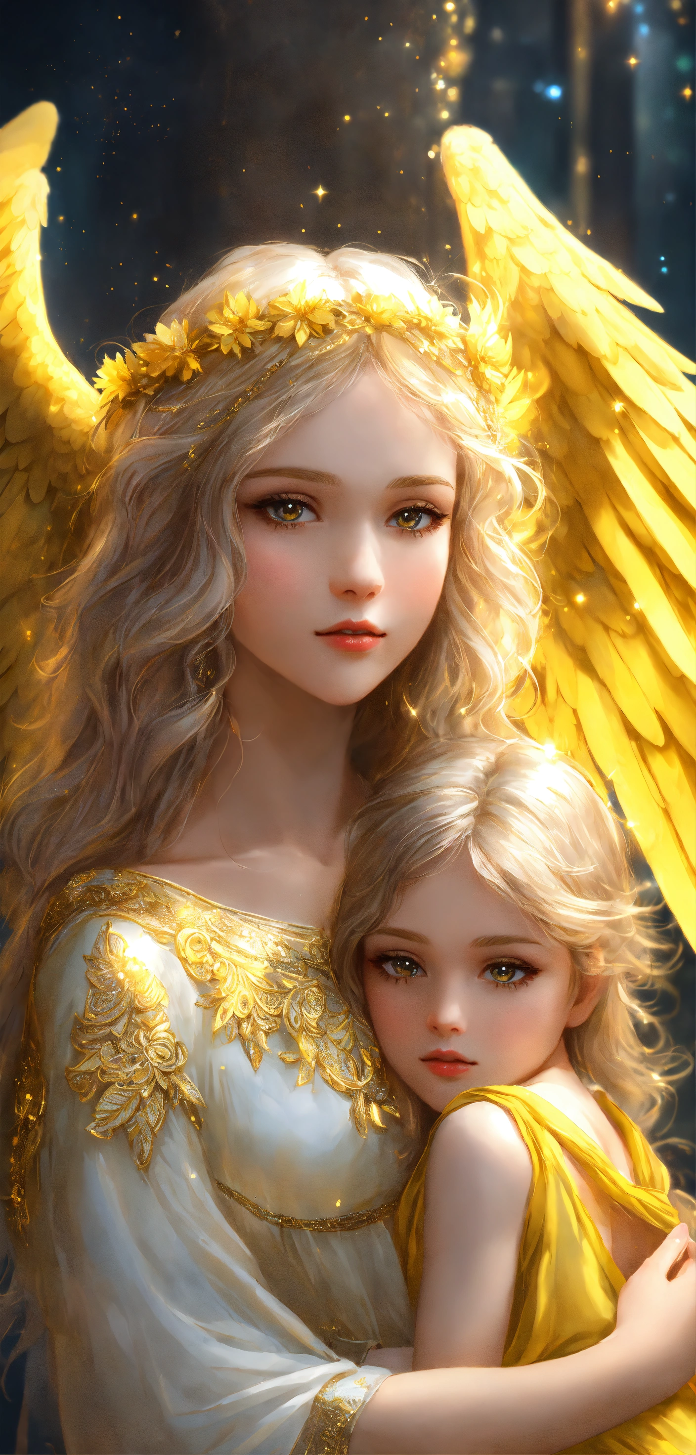 Lexica - 2 Guardian angel hugging a beautiful and defined little angel ...