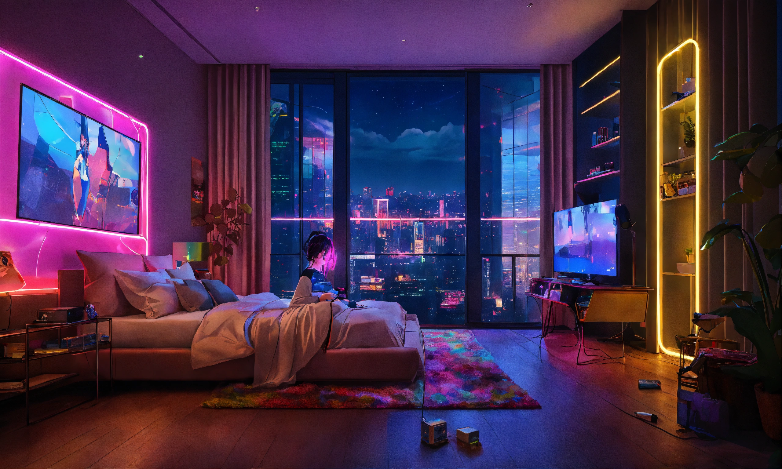 Lexica - A beauty is playing games on PS5 in her bed room。 Neon lights ...