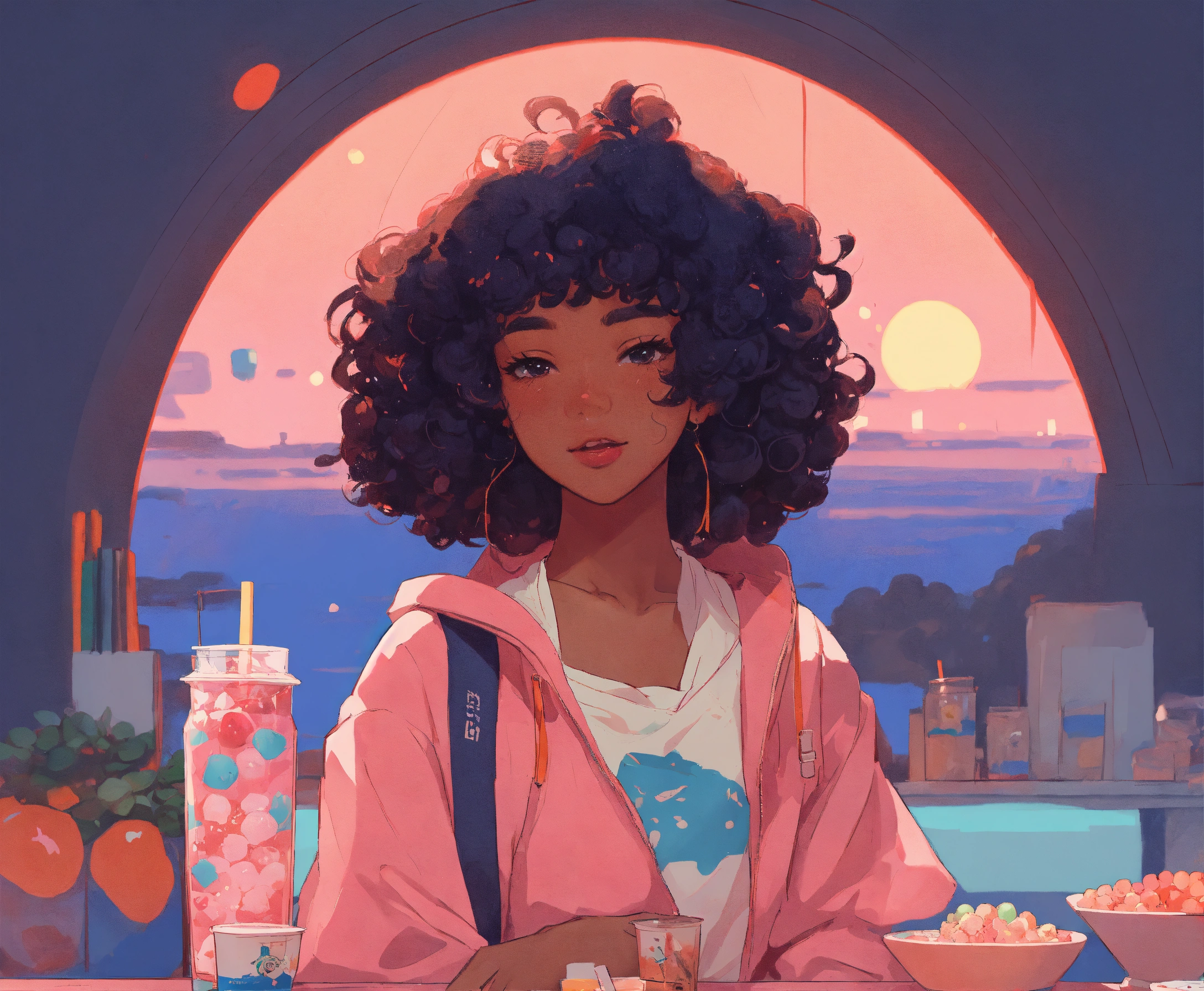 Lexica - Boba tea , bubble tea, cute girl, curly hair, cute waifu, afro ...