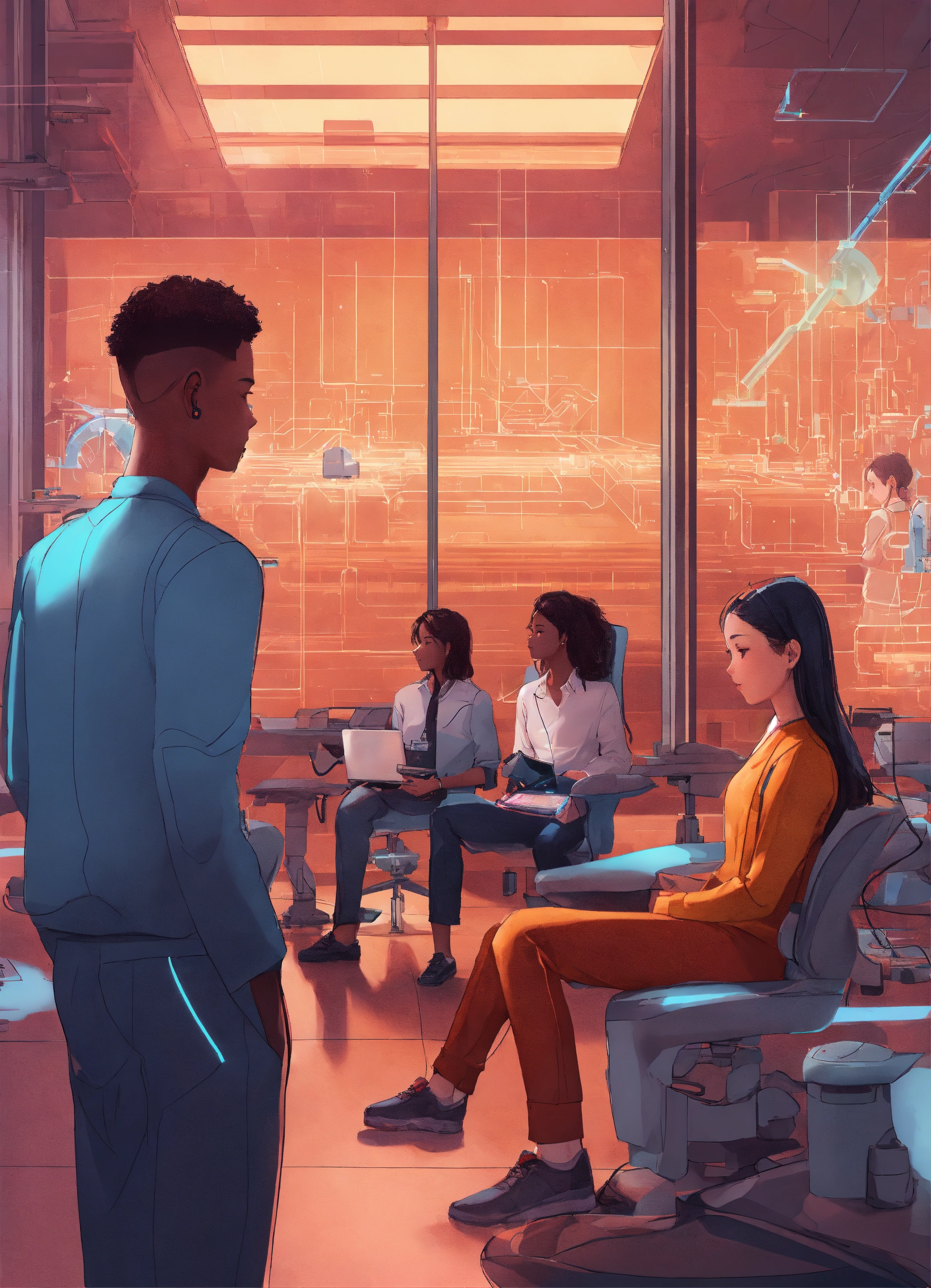 Lexica - Create an image of AI-powered interns sitting in a ...