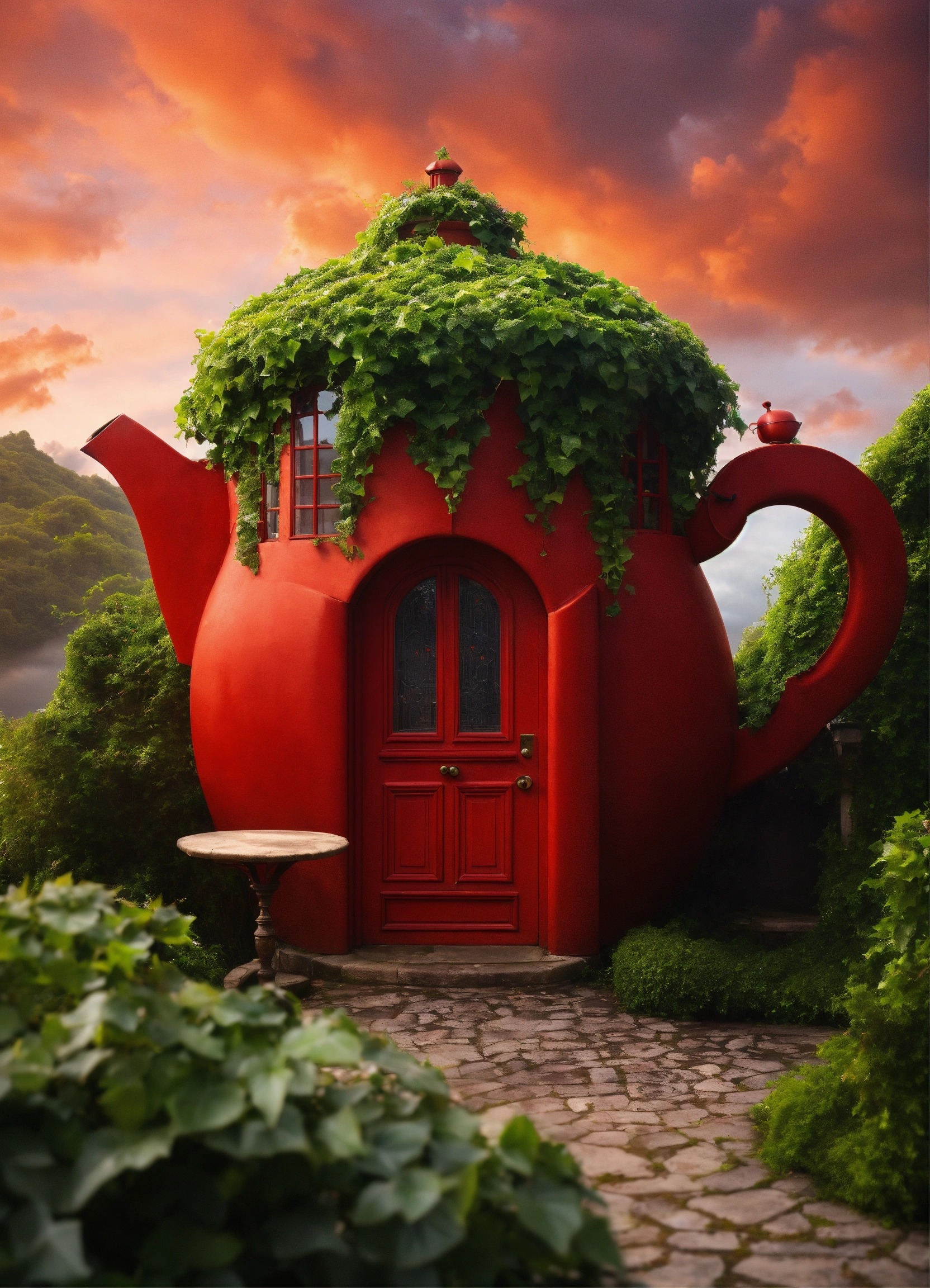 Lexica - A teapot shaped building that serves drinks and has a red door ...