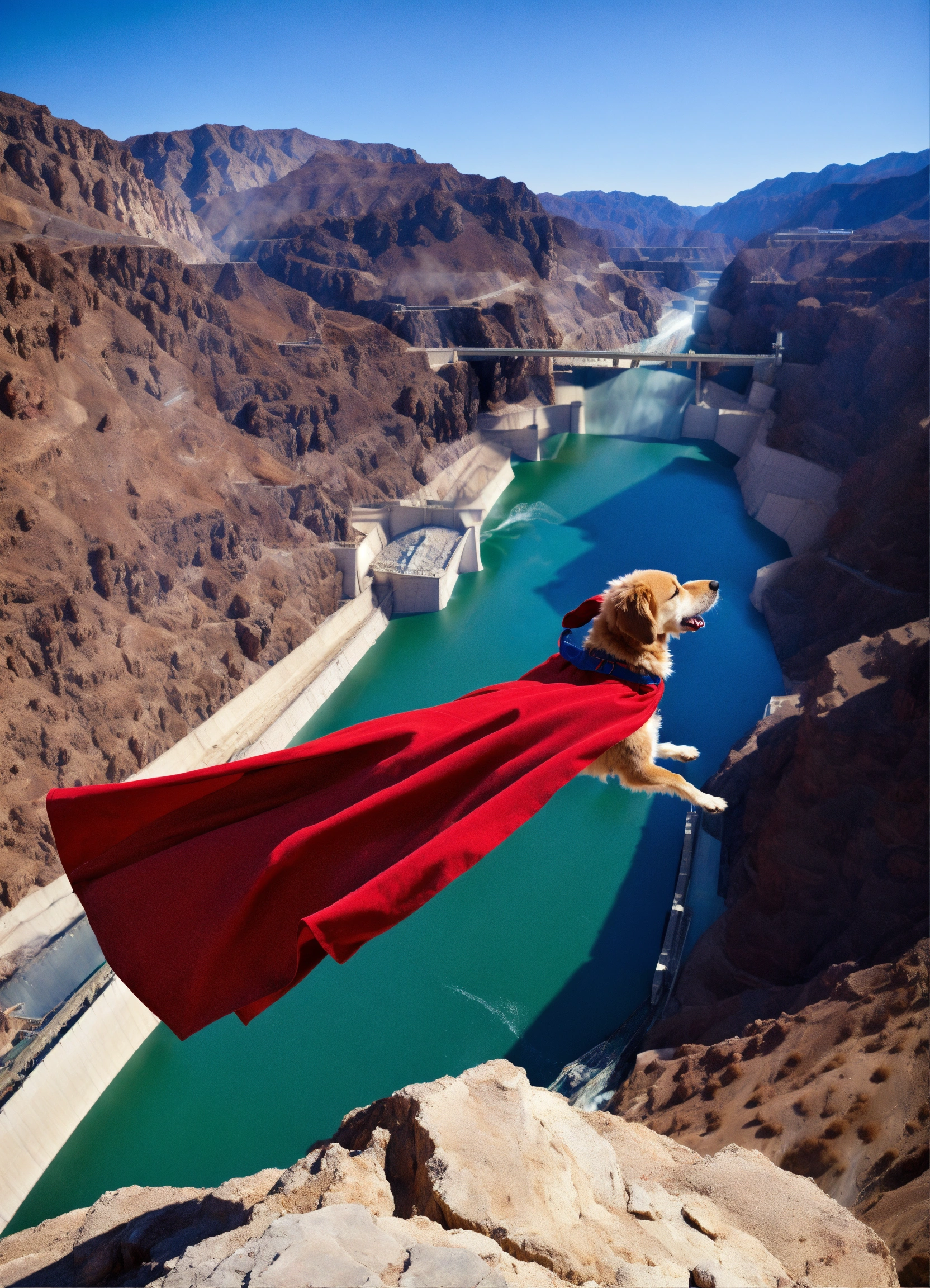 Lexica - A dog flying over the hoover damn with a red cape photo