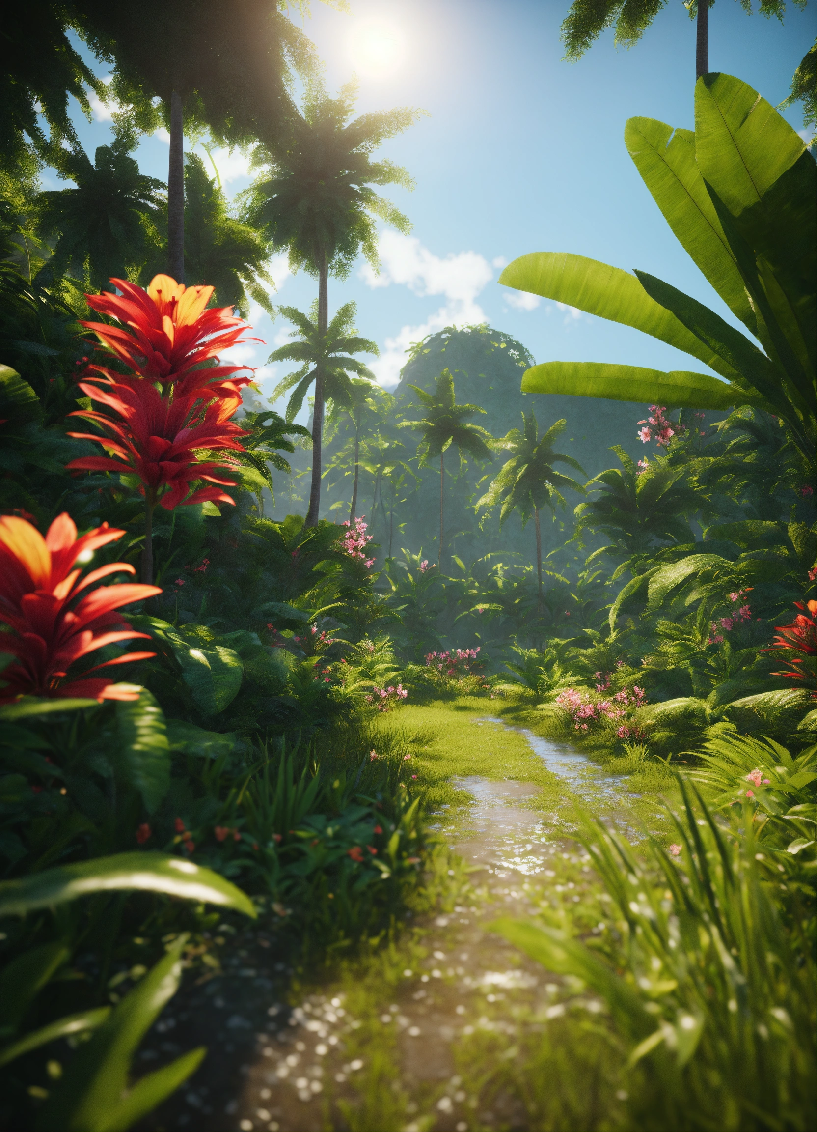 Lexica - Massive open tropical landscape, tropical flowers, lush green ...